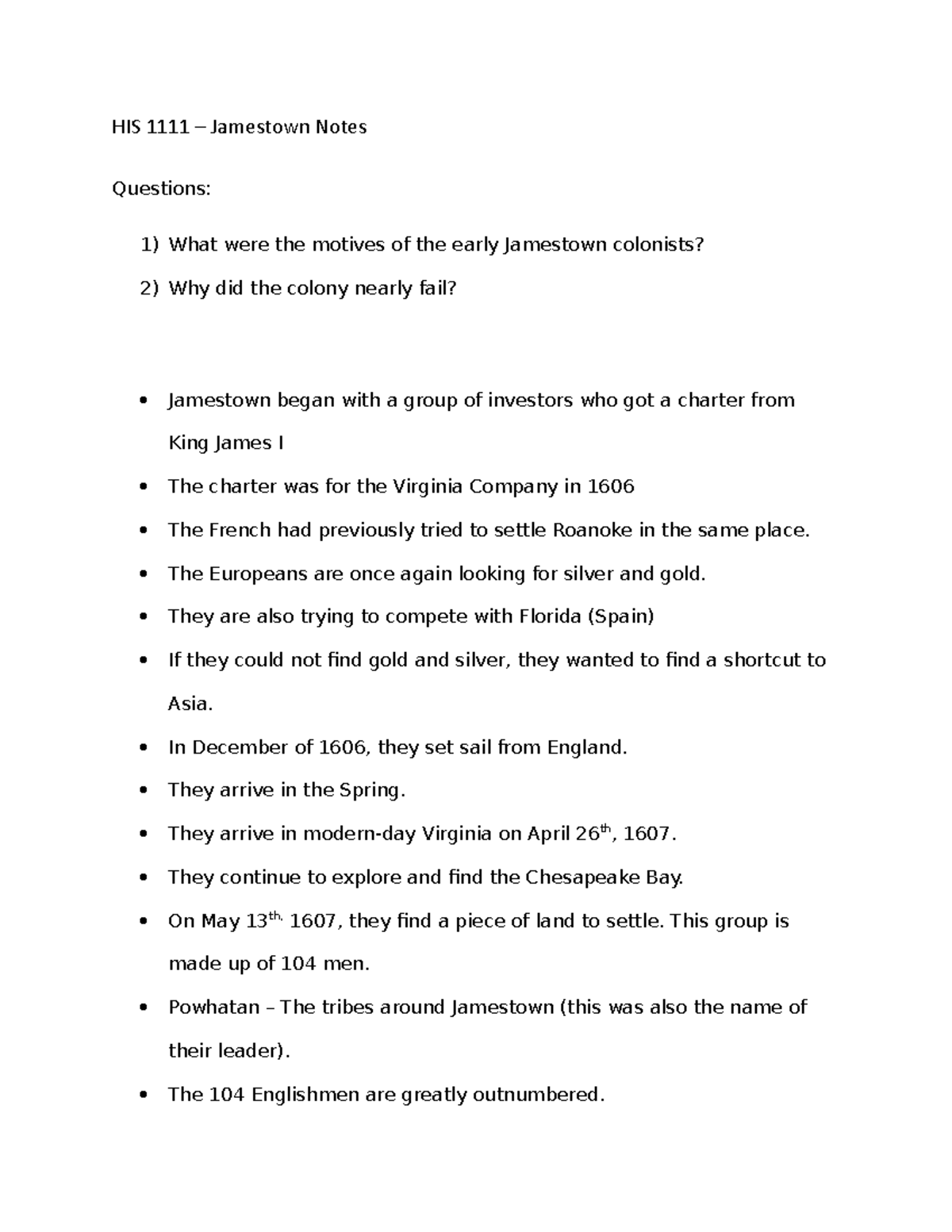 Jamestown Notes - HIS 1111 - HIS 1111 – Jamestown Notes Questions: What ...