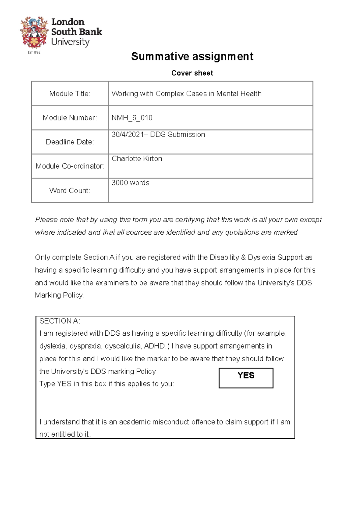 Working With Complex Presentations - Summative assignment Cover sheet Module Title: Working with ...