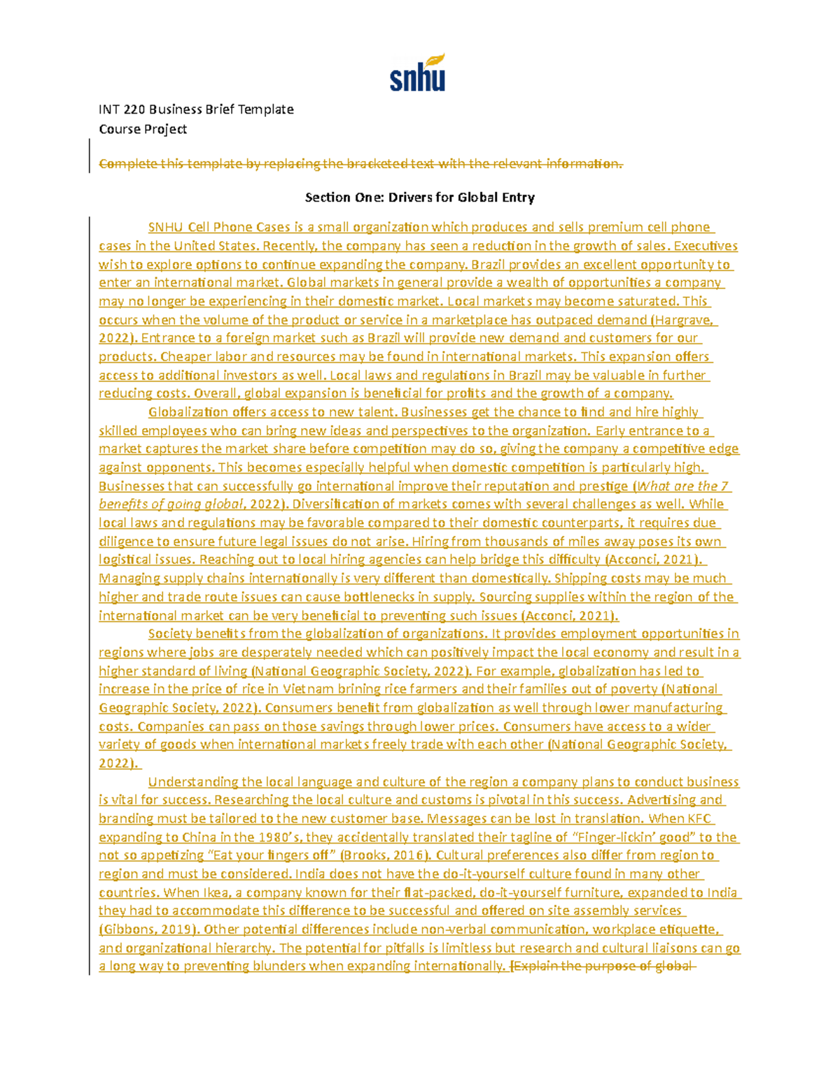 2.1 Milestone One - I received an A. - INT 220 Business Brief Template ...