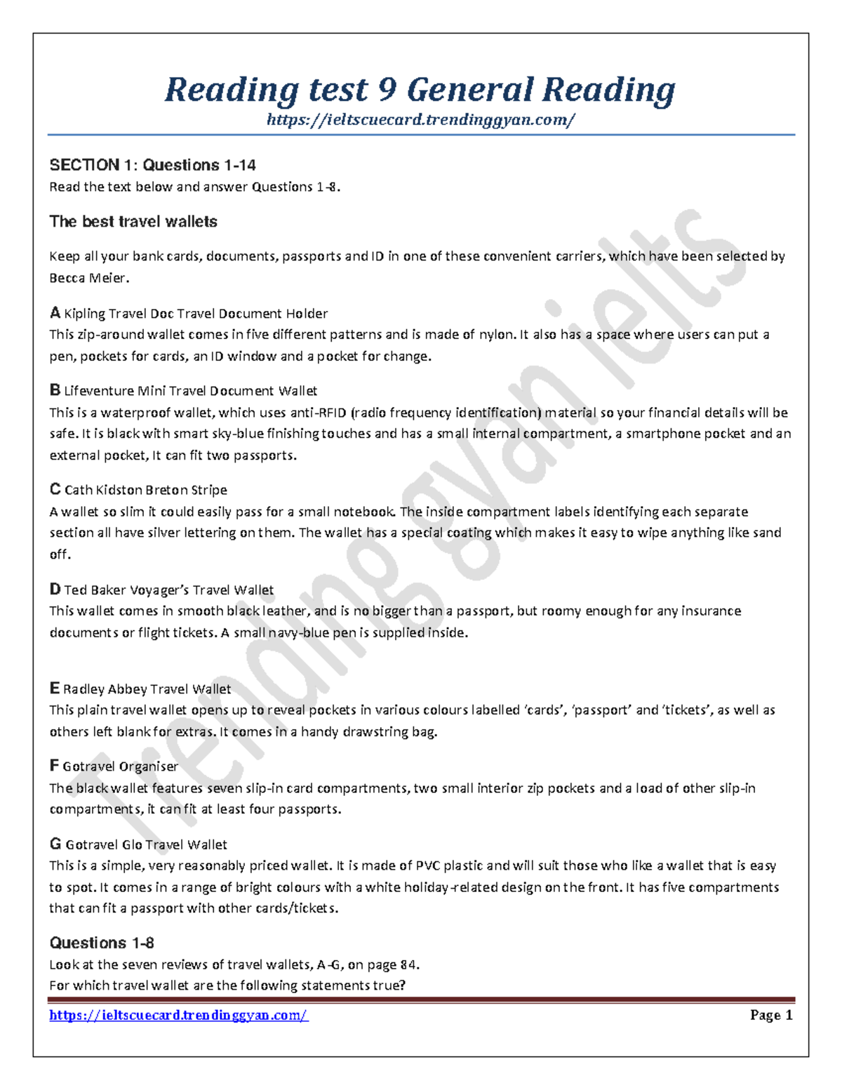 General Test 9 - Reading test 9 General Reading ieltscuecard ...