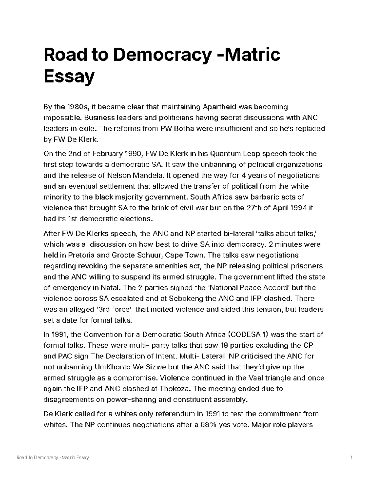Road to Democracy - History CAPS final essay - Road to Democracy Matric ...