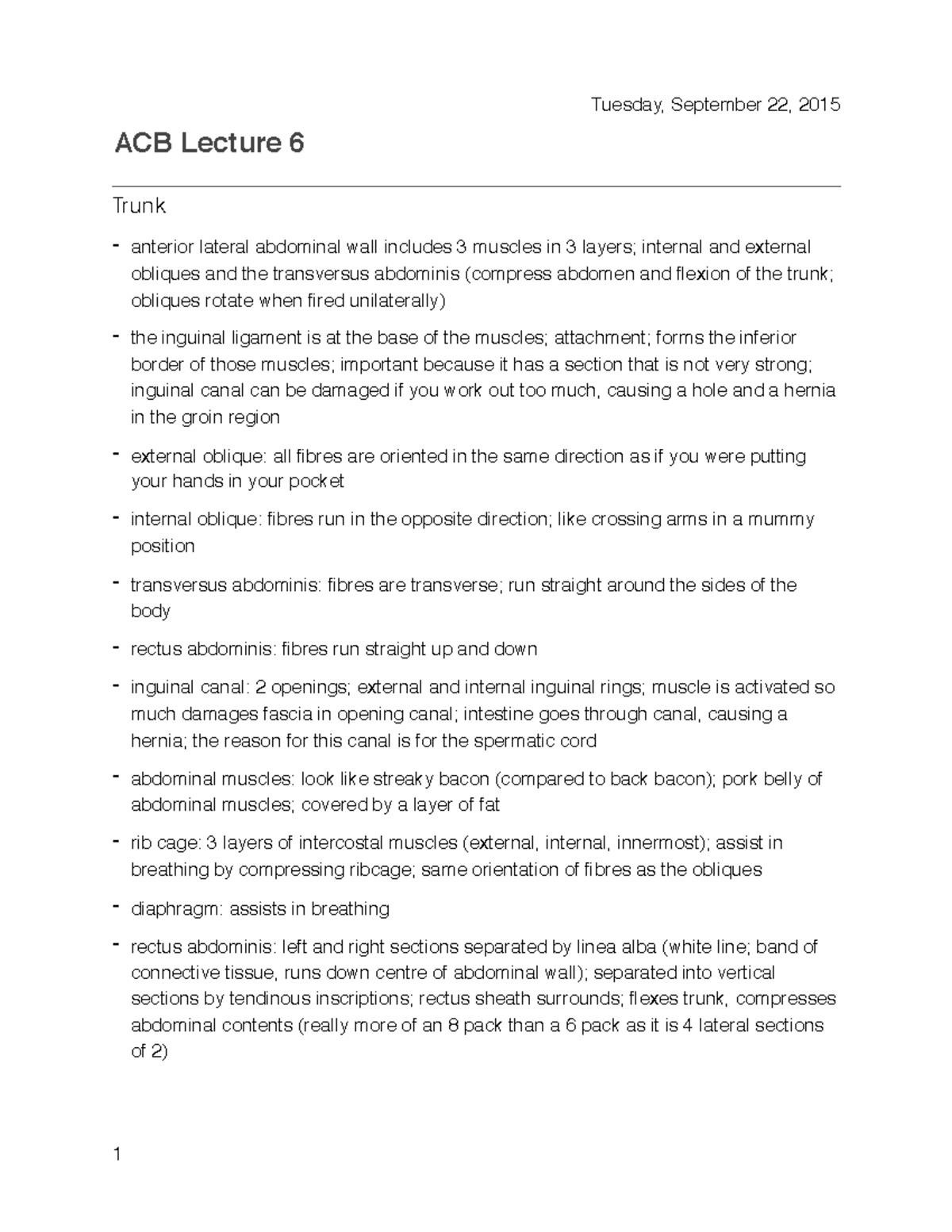 Gross Human Anatomy - Lecture notes - ACB Lec 6 - Tuesday, September 22 ...