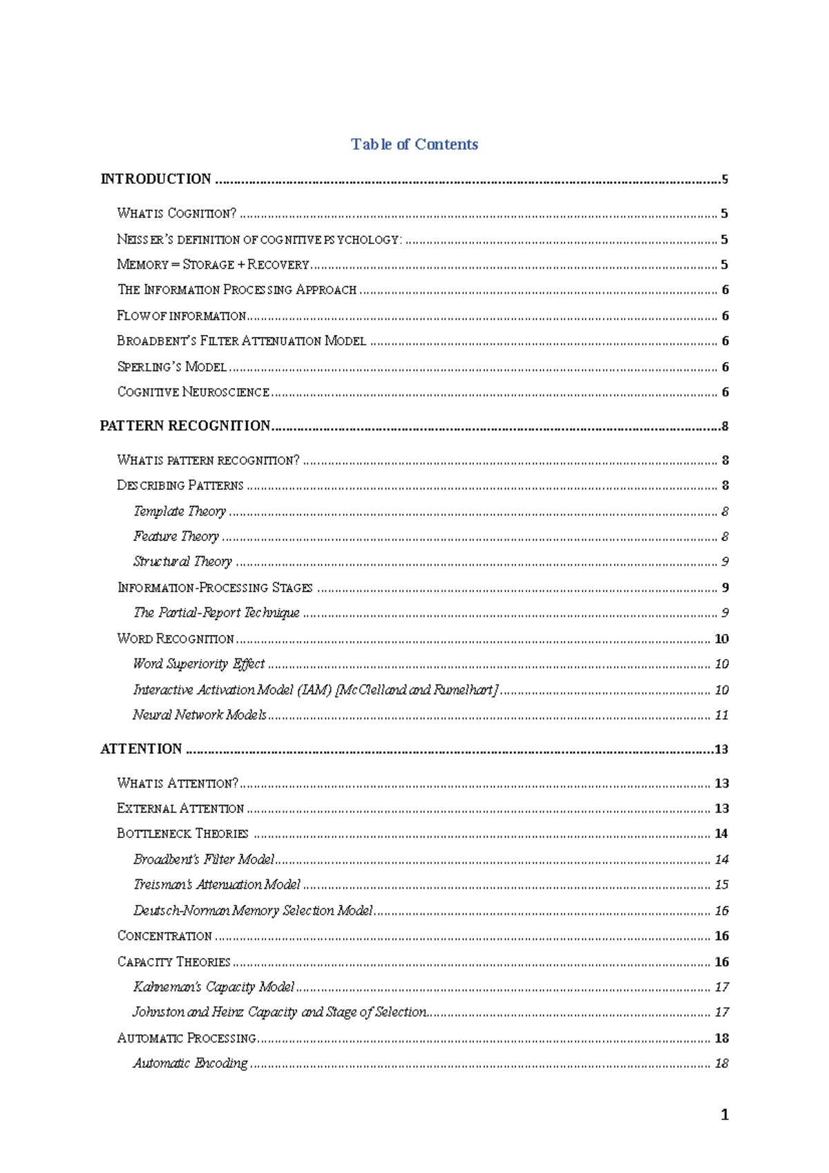 PL3103 Summary Notes - Table of Contents INTRODUCTION WHAT IS COGNITION ...
