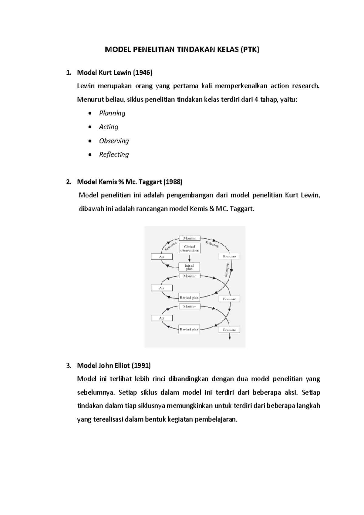 Model Penelitian Tindakan Kelas (PTK) - MODEL PENELITIAN TINDAKAN KELAS ...