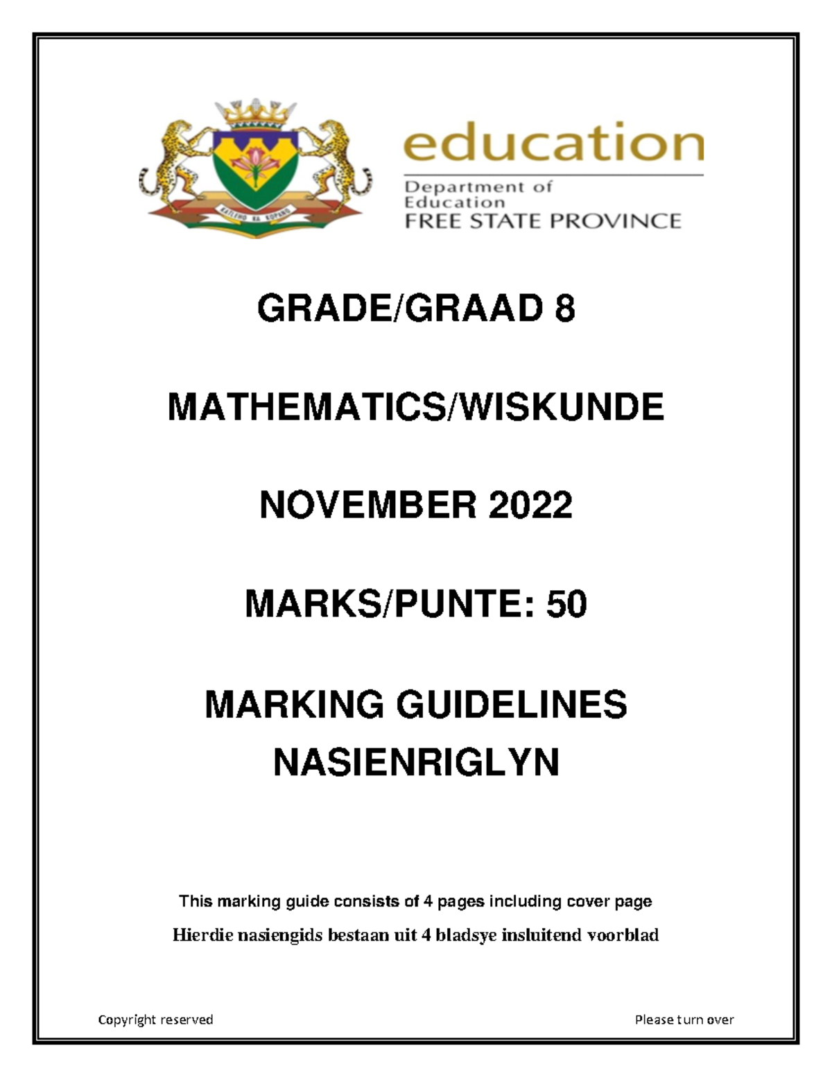 2022 Grade 8 November TEST P1 Memorandum ENG AFR - GRADE/GRAAD 8 ...