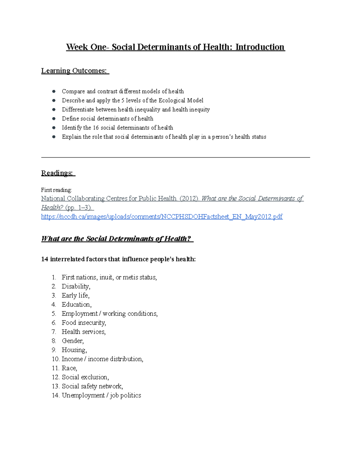 SDo H week one notes social determinants intro and description ...