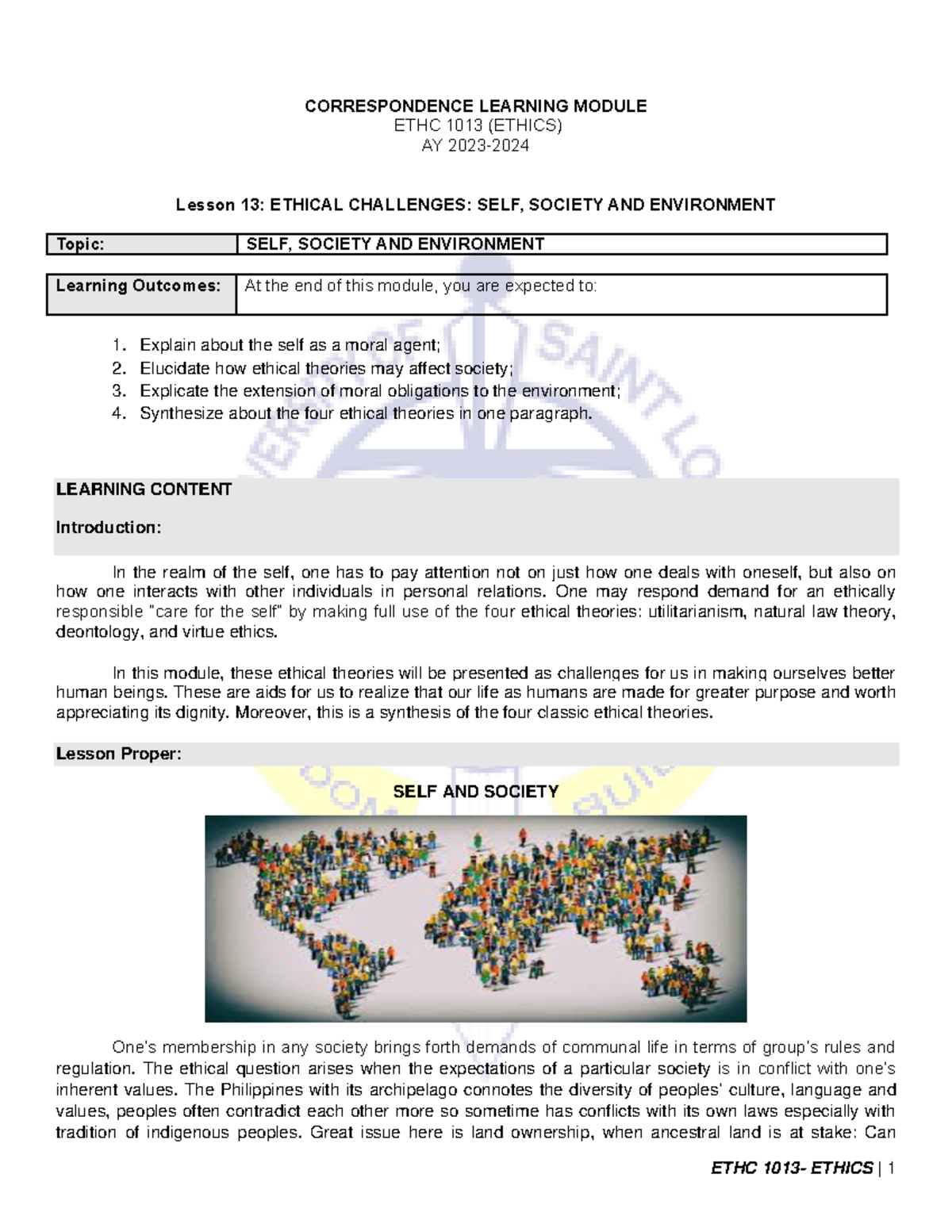 Module-ETHC 1013 Finals WEEK 1 - CORRESPONDENCE LEARNING MODULE ETHC ...