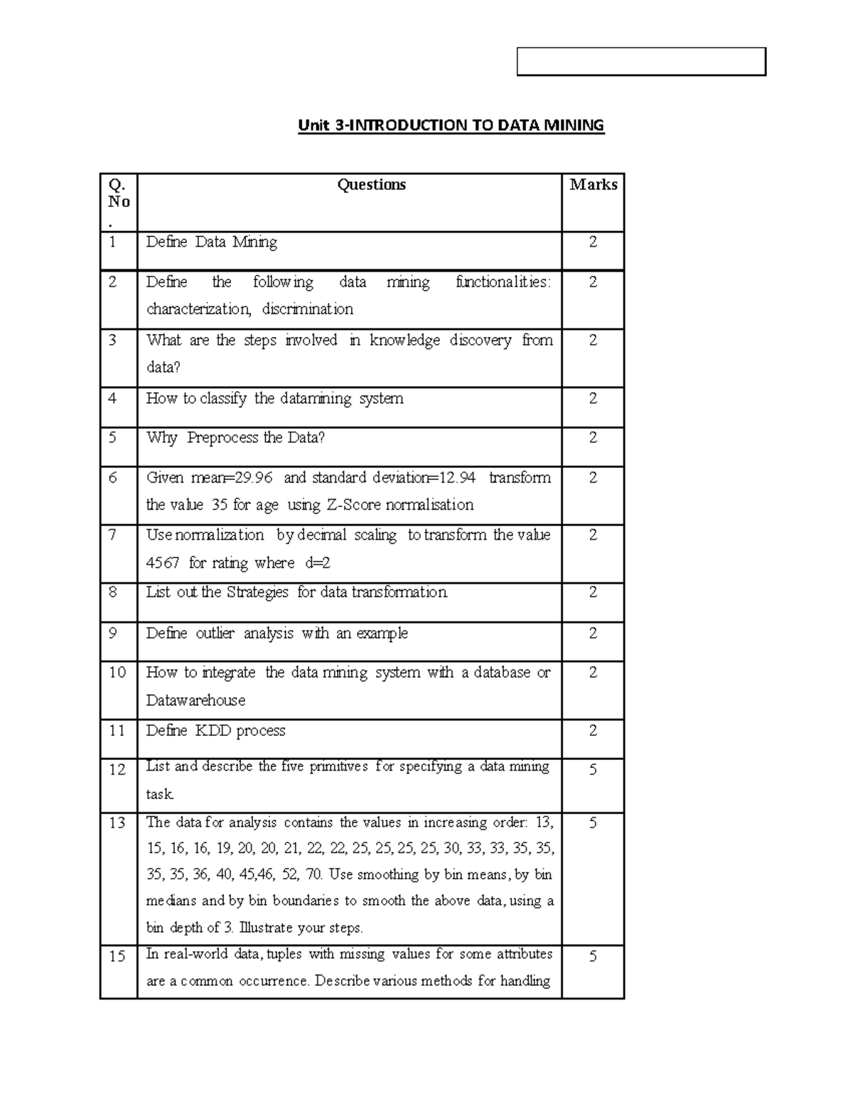 DWDM Question BANK.ver 1pdf - Unit 3-INTRODUCTION TO DATA MINING Q. No . Questions Marks 1 ...