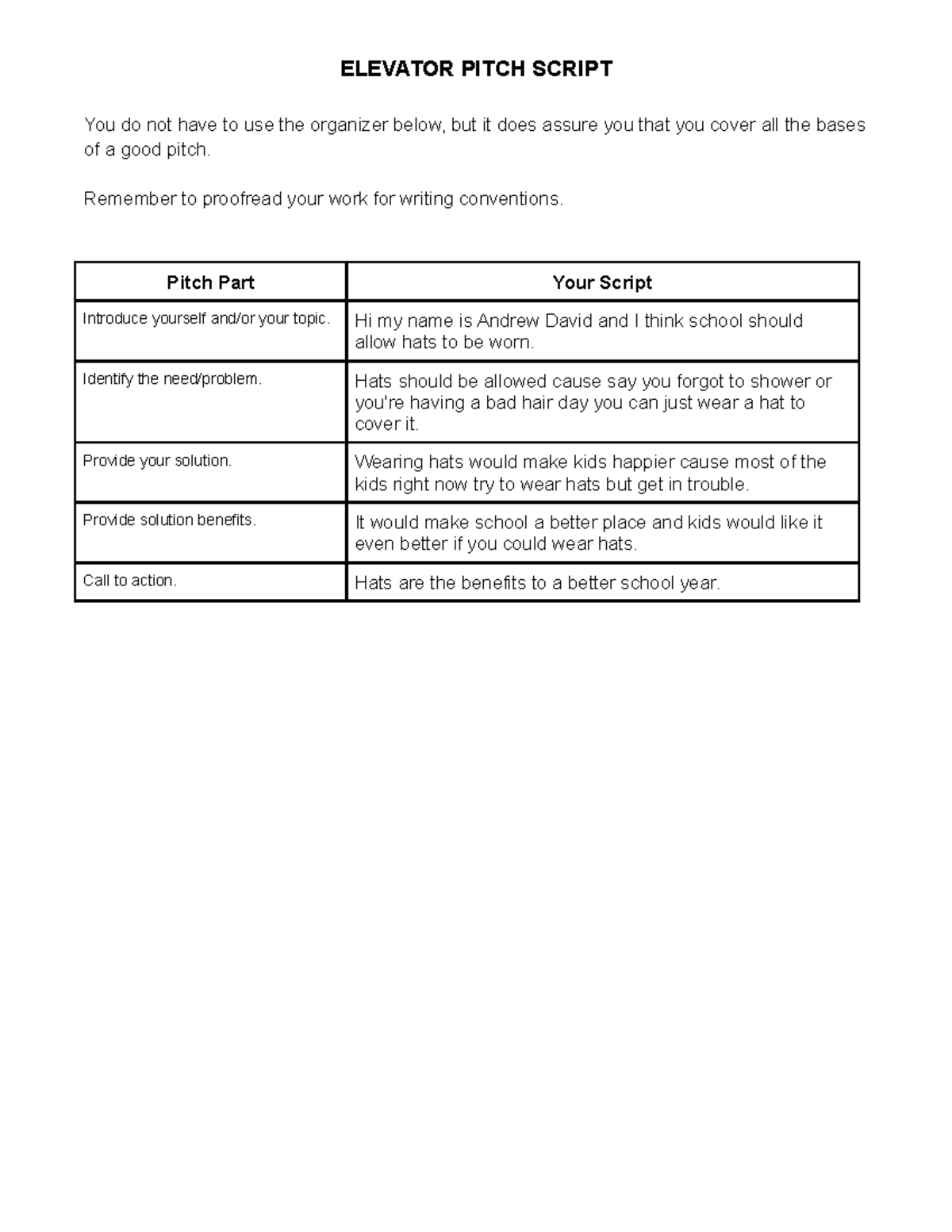 Elevator Pitch Script - PLease i want help - ELEVATOR PITCH SCRIPT You ...