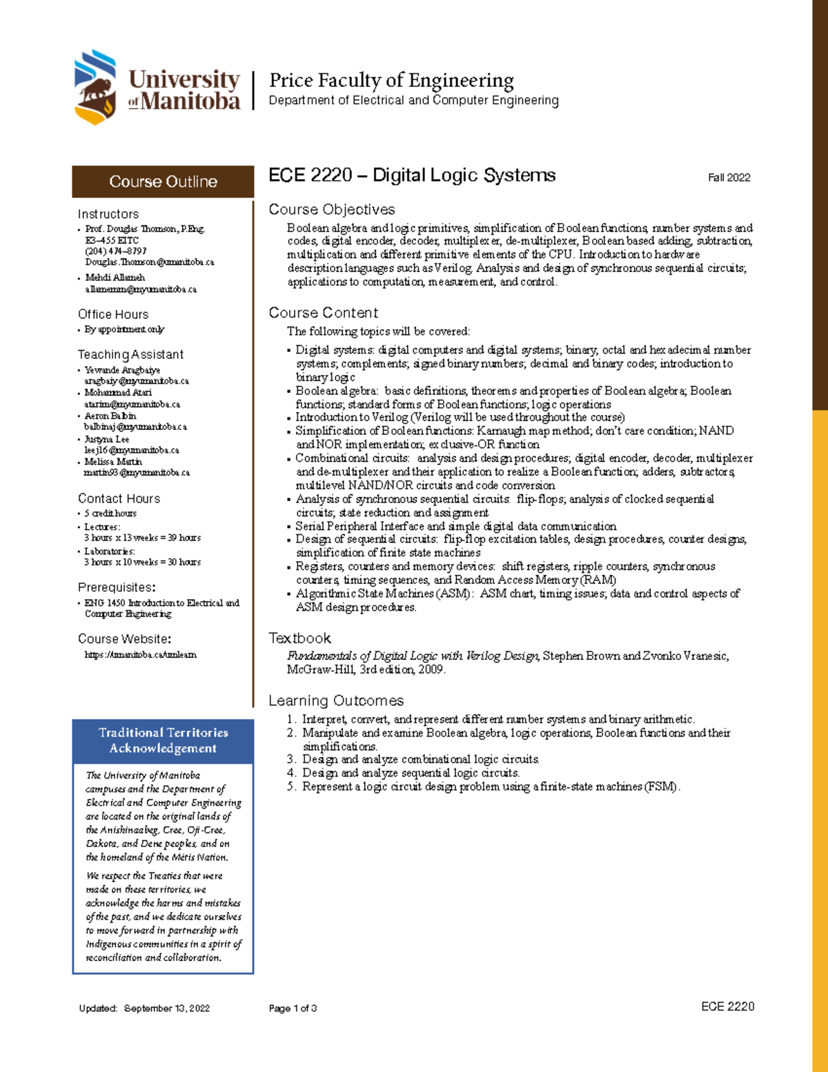 ECE 2220 Course Outline - ECE 2220 – Digital Logic Systems Fall 2022 Course Objectives Boolean ...
