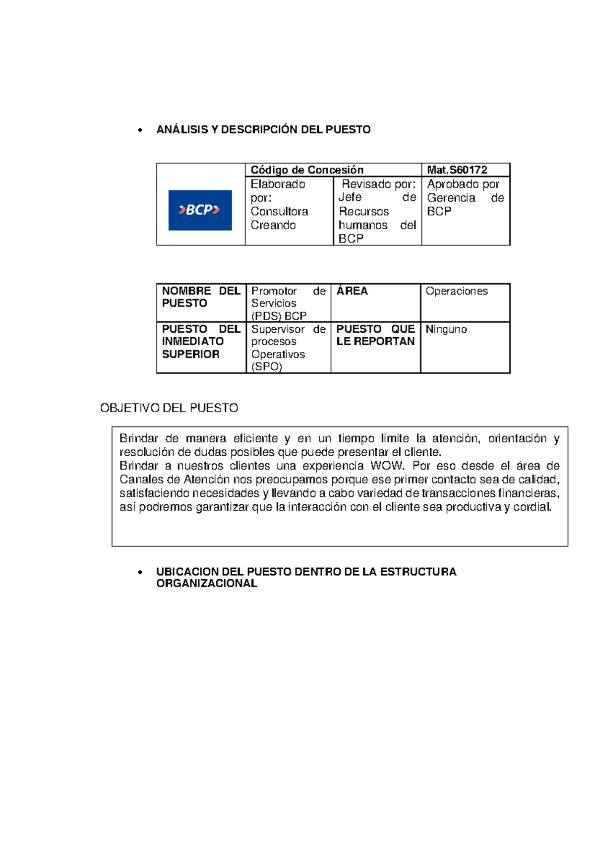 Analisis Y Descripci N DE Puesto Promotor de Servicios PDS BCP - • ANÁLISIS Y DESCRIPCIÓN DEL ...