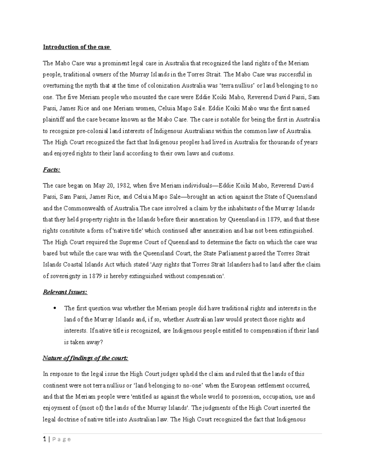 Tutorial assessable question - Introduction of the case The Mabo Case ...