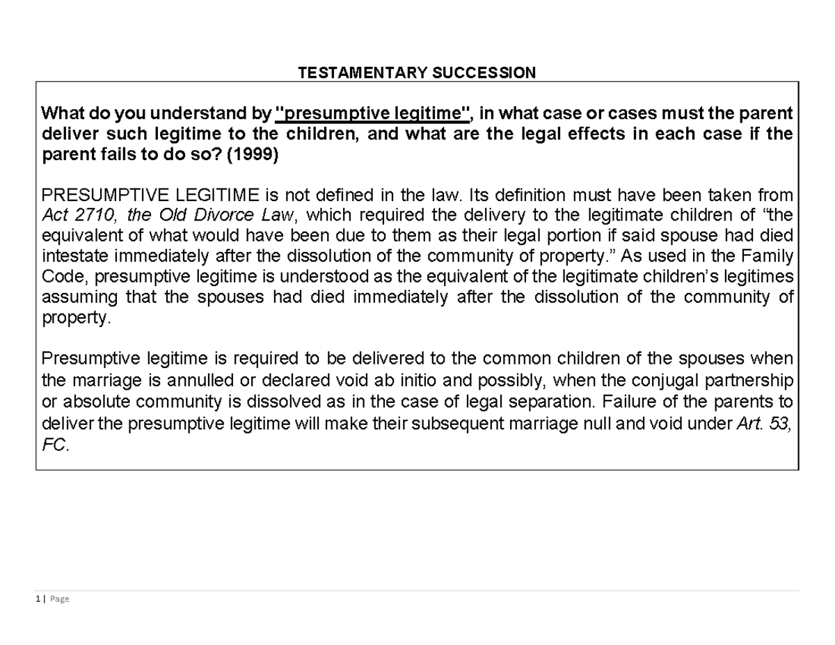 Succession (flashcard) - What do you understand by "presumptive ...