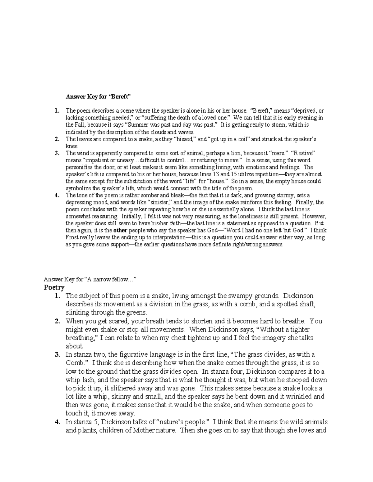 Answer Key for exam poetry practice - Answer Key for “Bereft” 1. The ...