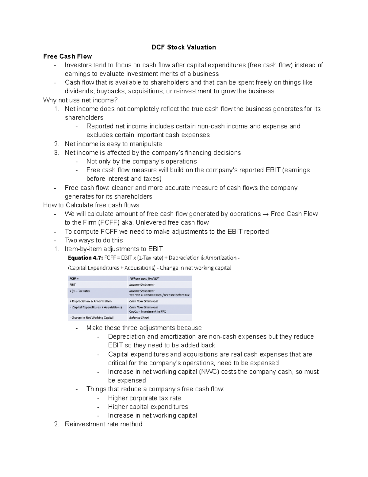 FINA 363 Lecture 8 - Google Docs - DCF Stock Valuation Free Cash Flow Investors tend to focus on ...
