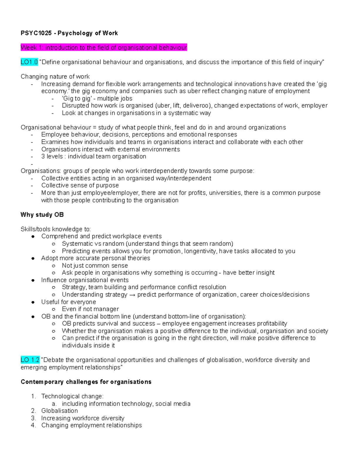 PSYC1025 - Psychology of Work notes - PSYC1025 - Psychology of Work ...
