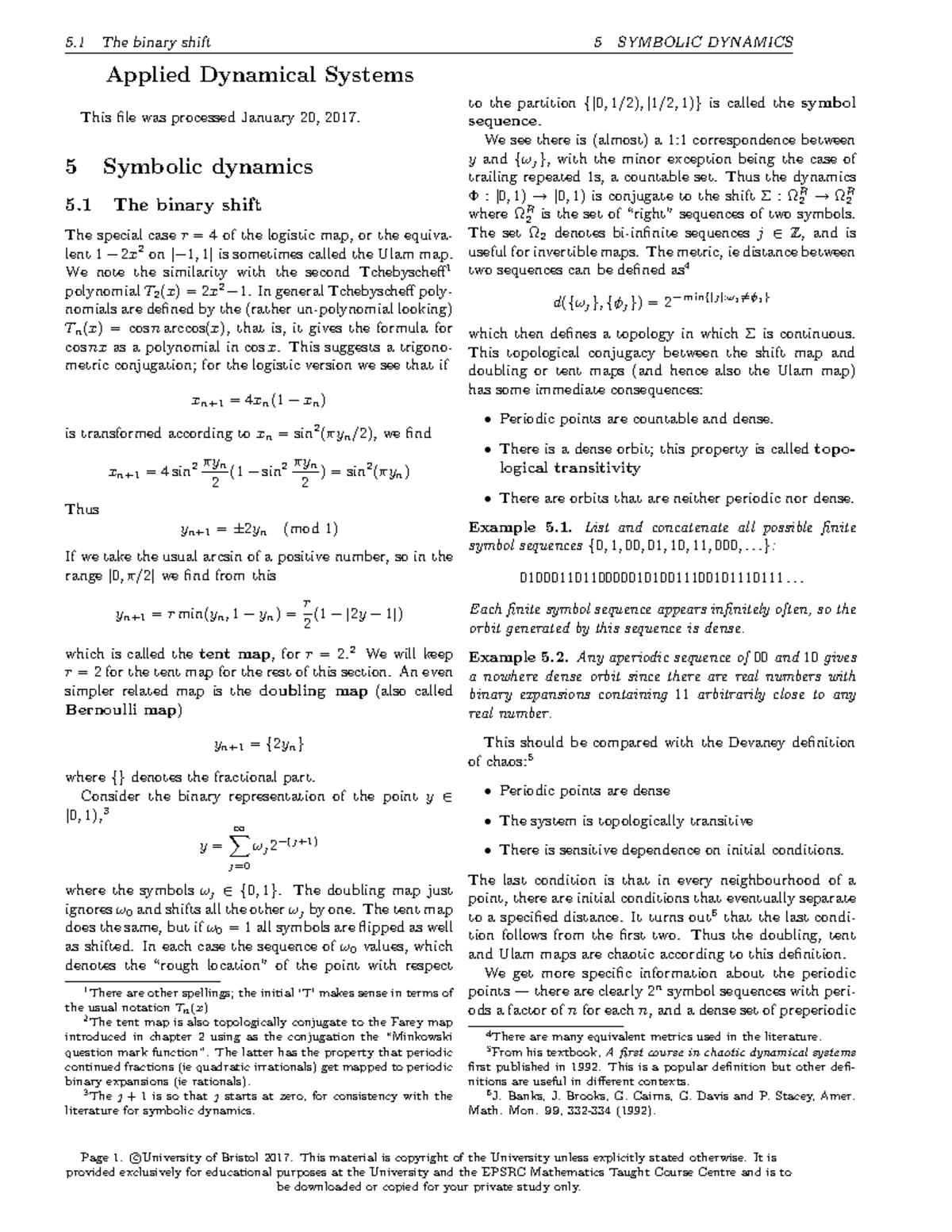 Mathm0010 2016 2017 Lecture 5 Symbolic Dynamics 5 The Binary Shift 5 Symbolic Dynamics