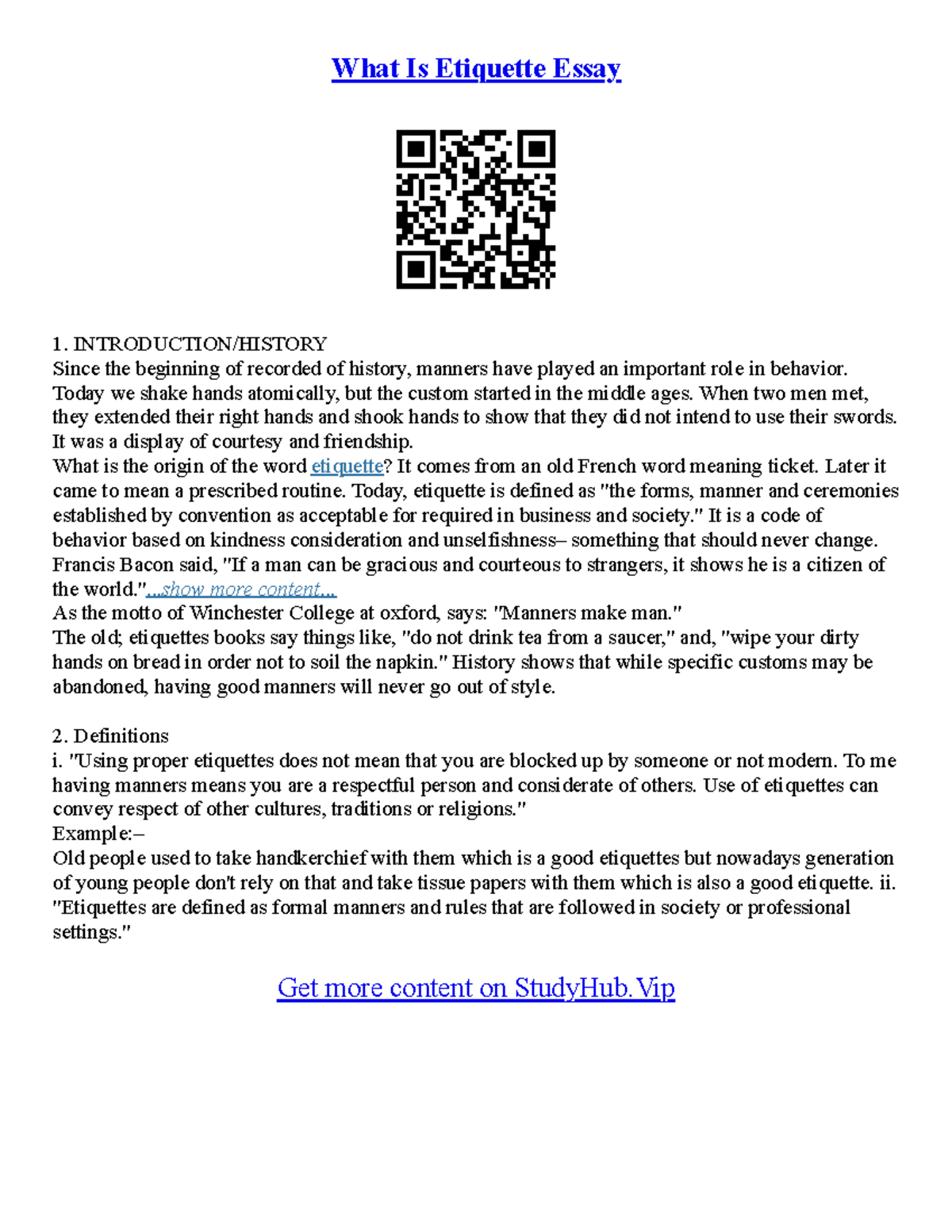 Custom Essay Order - What Is Etiquette Essay 1. INTRODUCTION/HISTORY ...