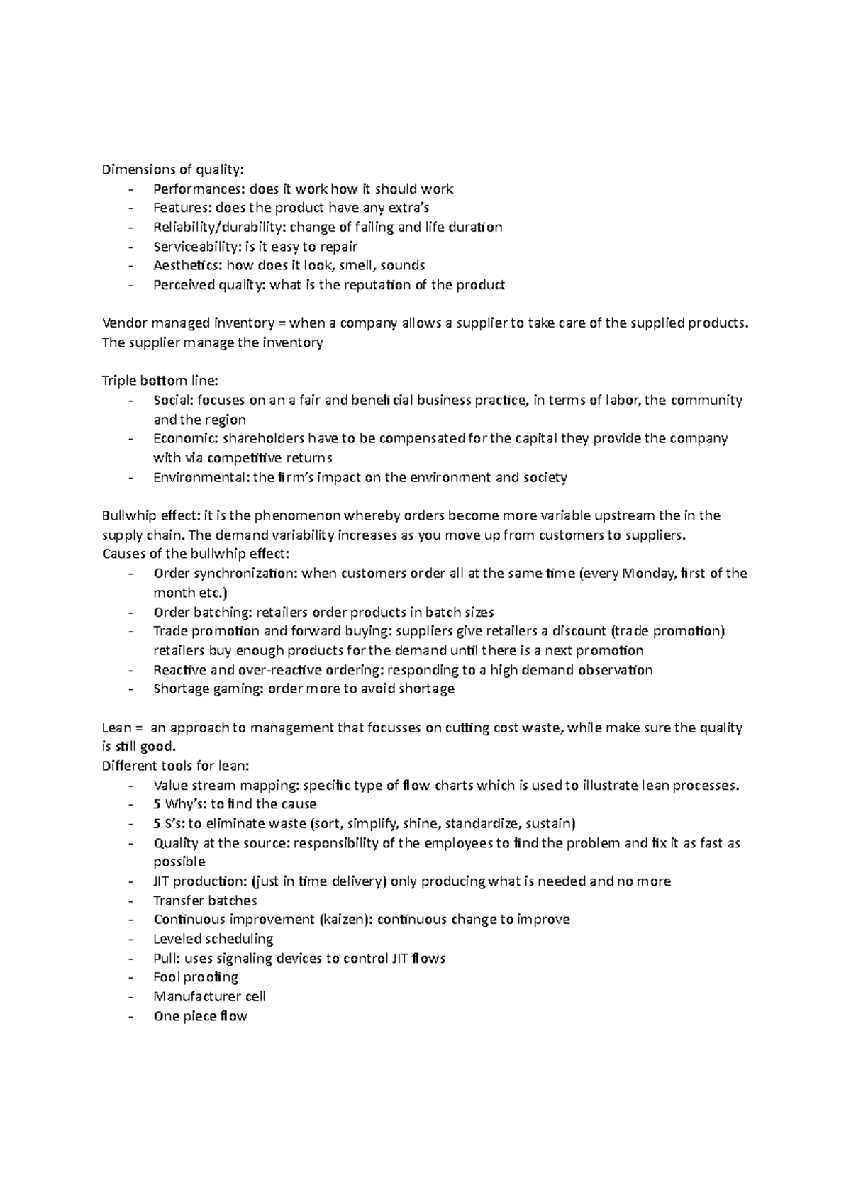 Summary Bullet Point Summary Dimensions Of Quality Performances