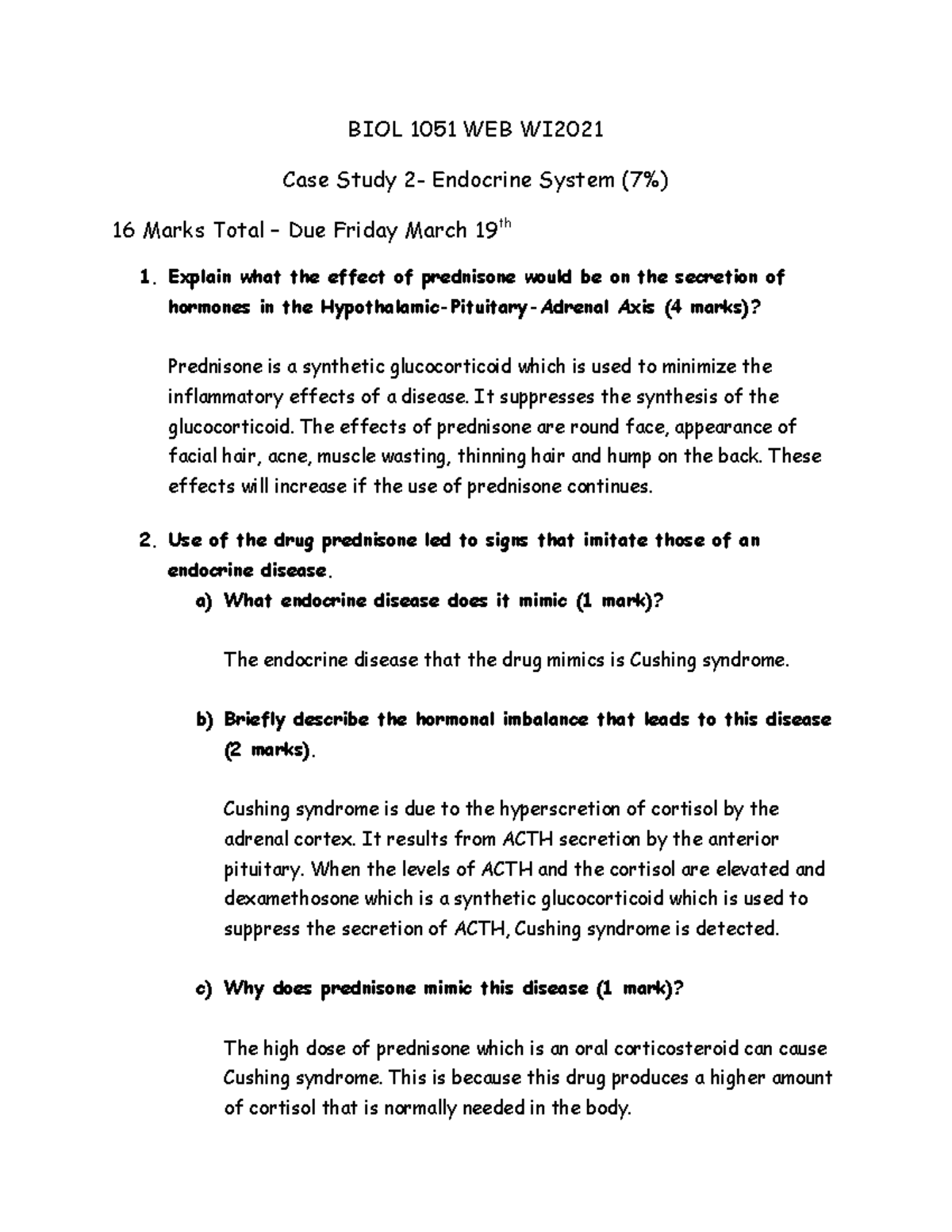 Case study assignment 2 - BIOL 1051 WEB WI Case Study 2- Endocrine ...