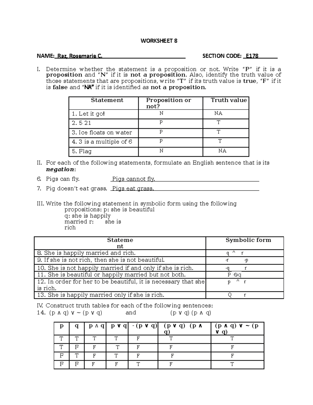 Worksheet 8 - Determine whether the statement is a proposition or not ...