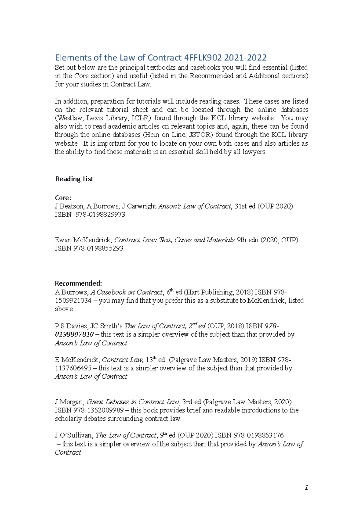 3 Reading List 2021-22 4FFLK902 -2 Contract Law - Elements of the Law ...