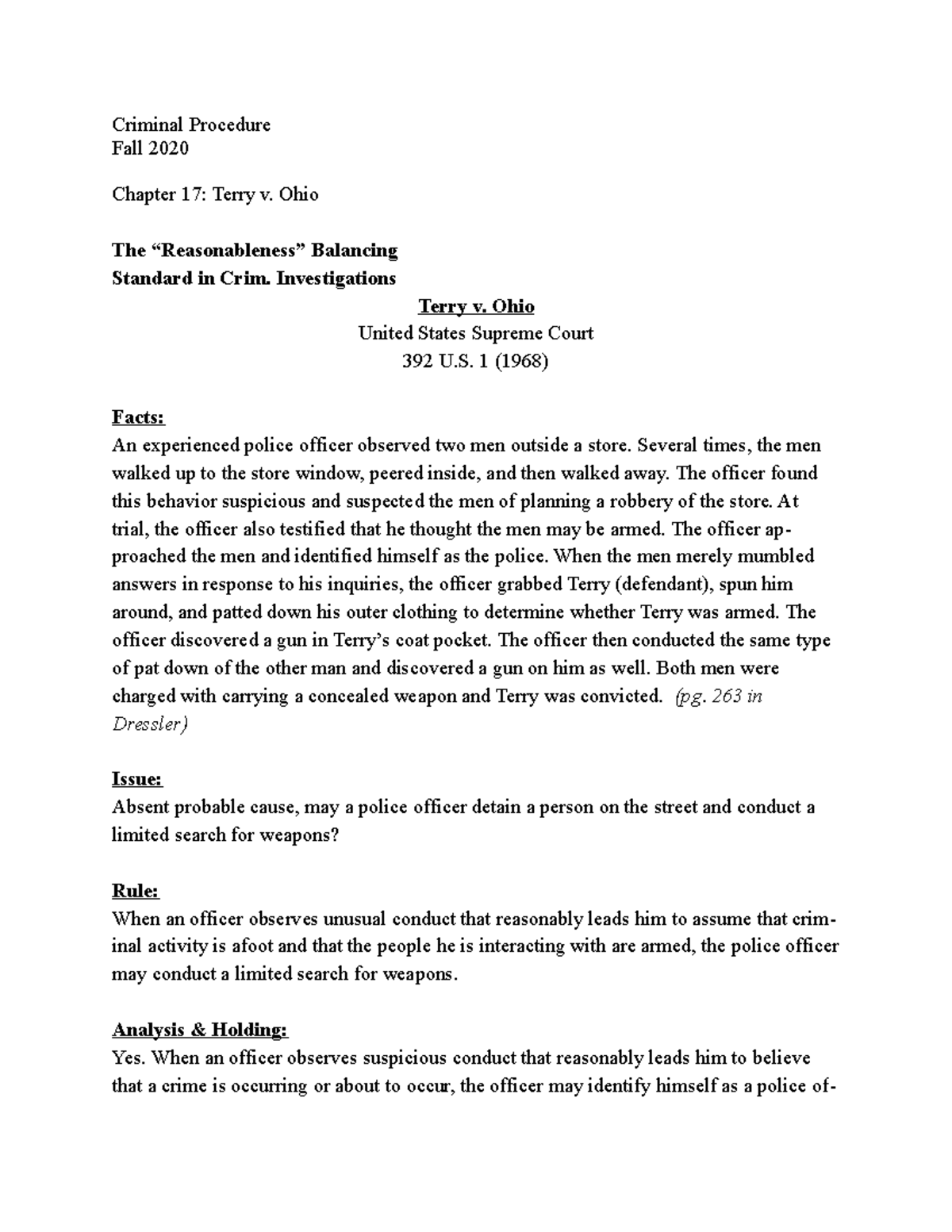 Crim Pro Lecture Chapter 17- Terry v. Ohio - Criminal Procedure Fall ...