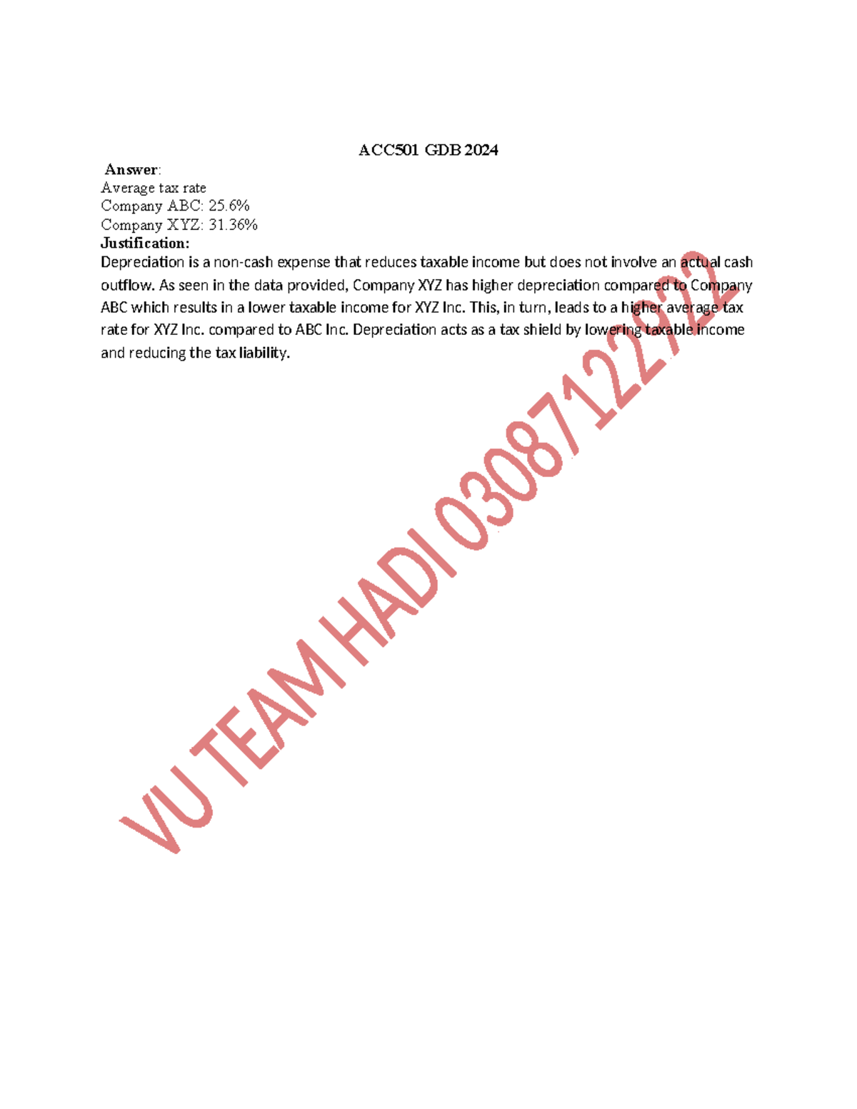 ACC501 GDB 2024 - assignment - ACC501 GDB 2024 Answer: Average tax rate Company ABC: 25% Company ...