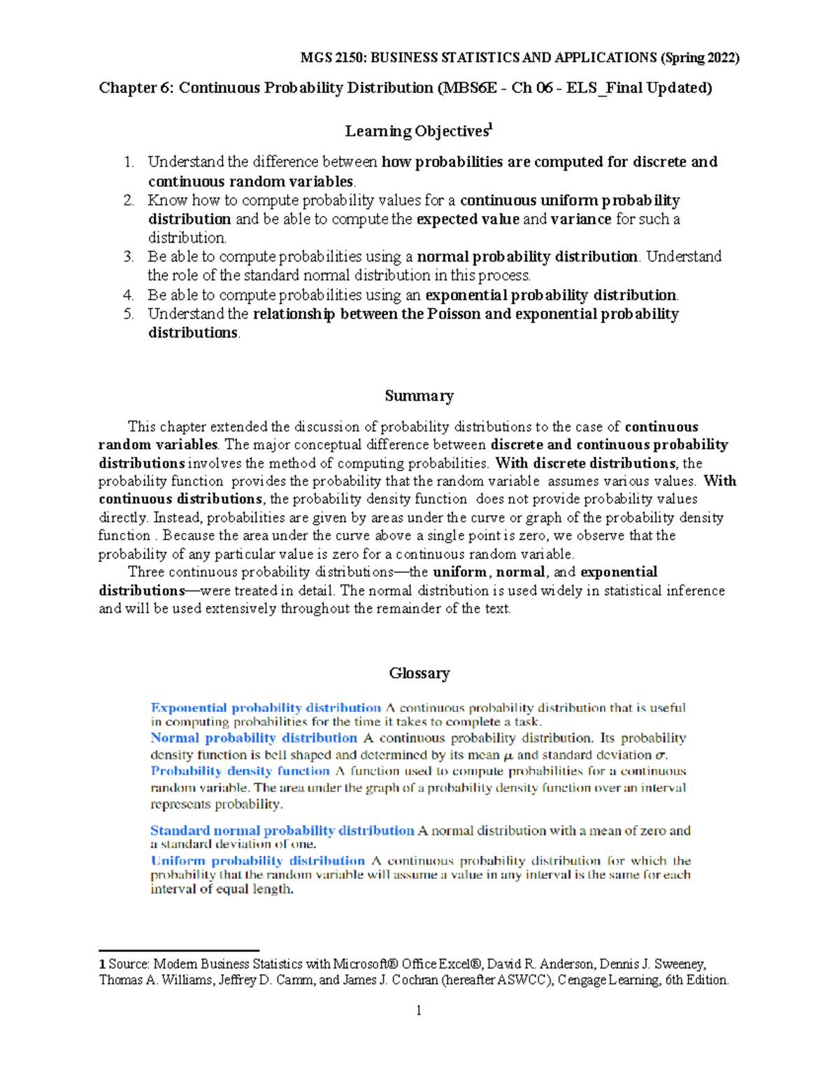 Chapter 6 Summary and Sample Questions - Chapter 6: Continuous Probability Distribution (MBS6E ...