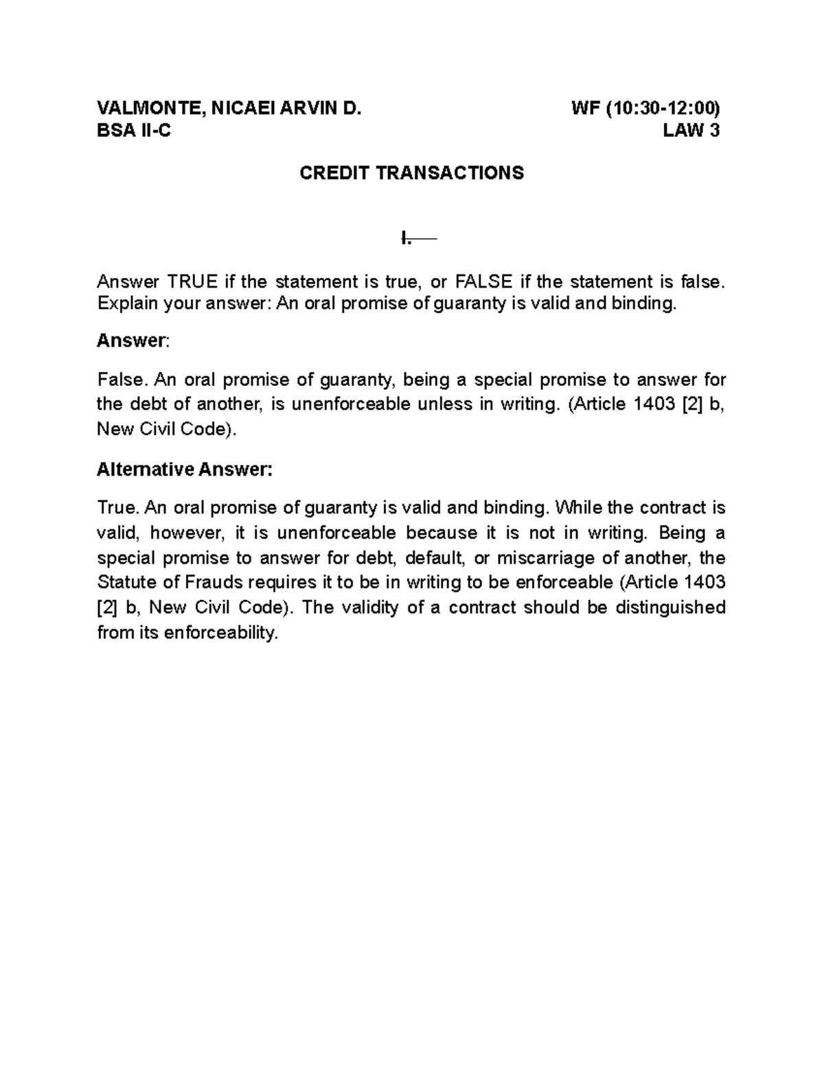 Problems on Credit Transactions - VALMONTE, NICAEl ARVIN D. WF (10:30 ...