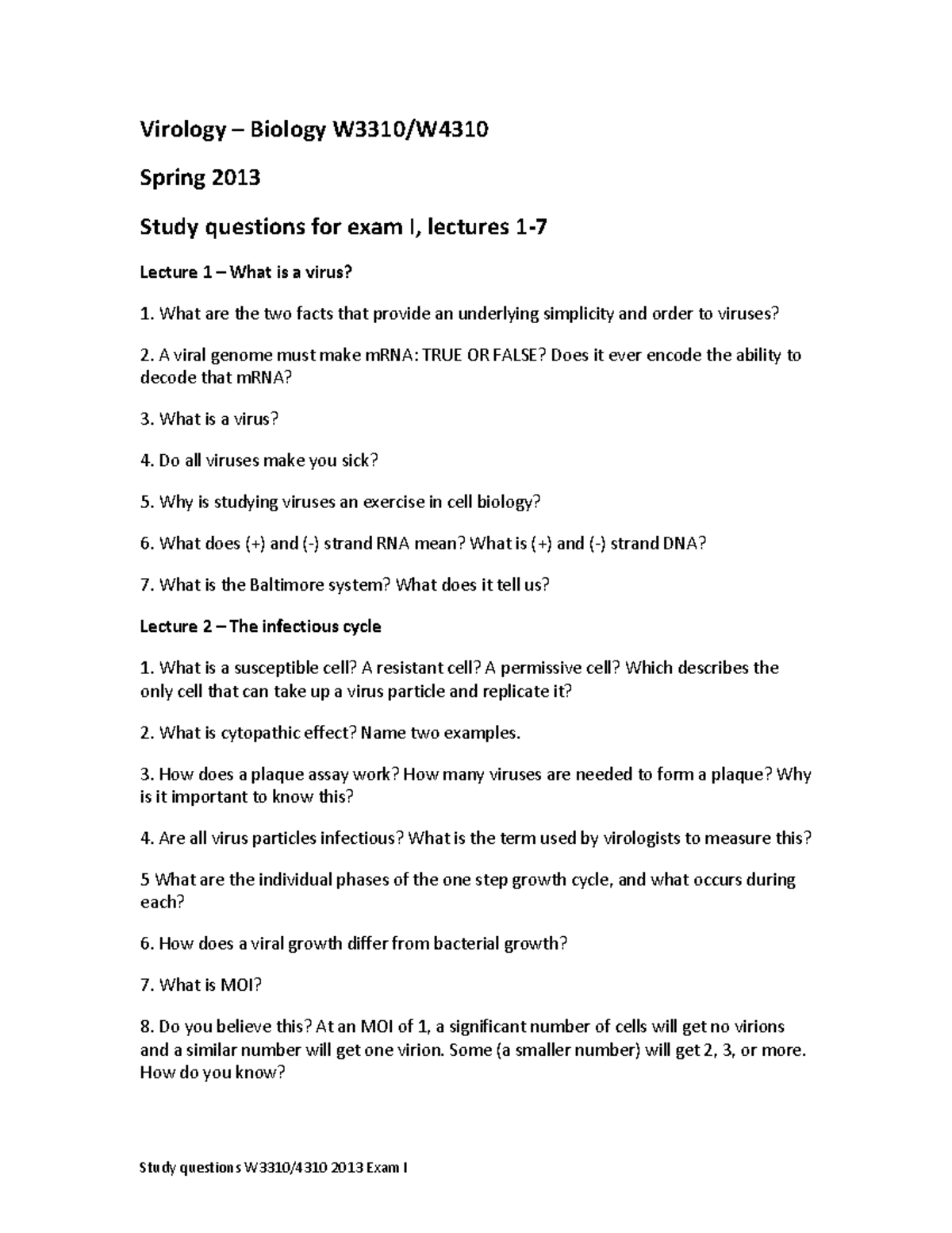 Basic virology study quetstions - Virology – Biology W3310/W Spring ...