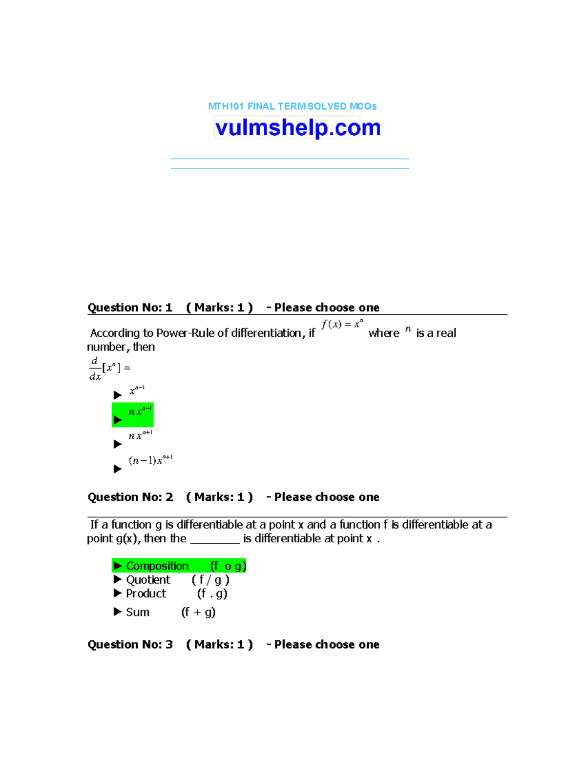MTH101 Final TERM Solved MCQs - 6 78#5781$ f x x( )= n n [ n] d x dx ...