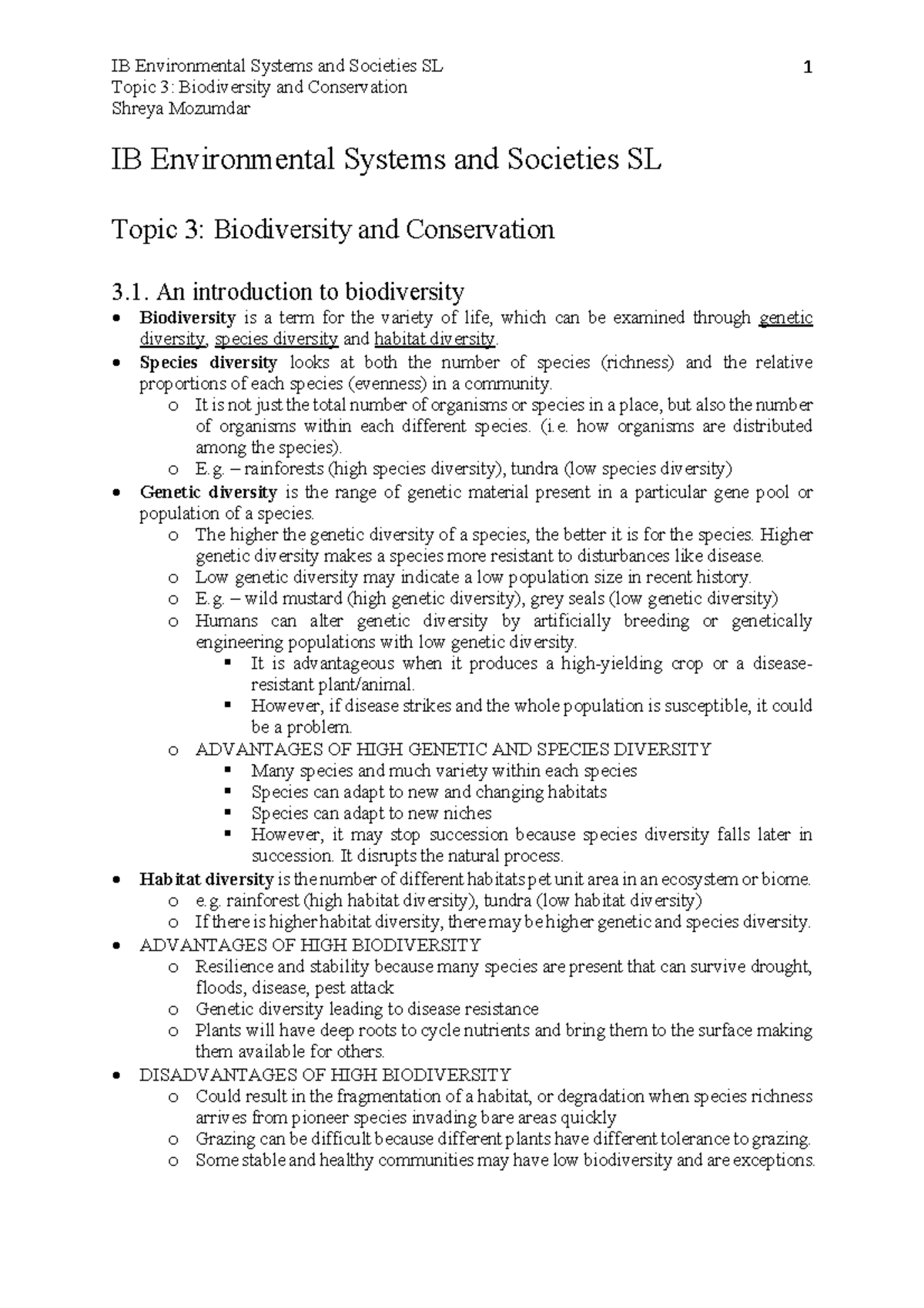 Topic 3 notes - Topic 3: Biodiversity and Conservation Shreya Mozumdar ...