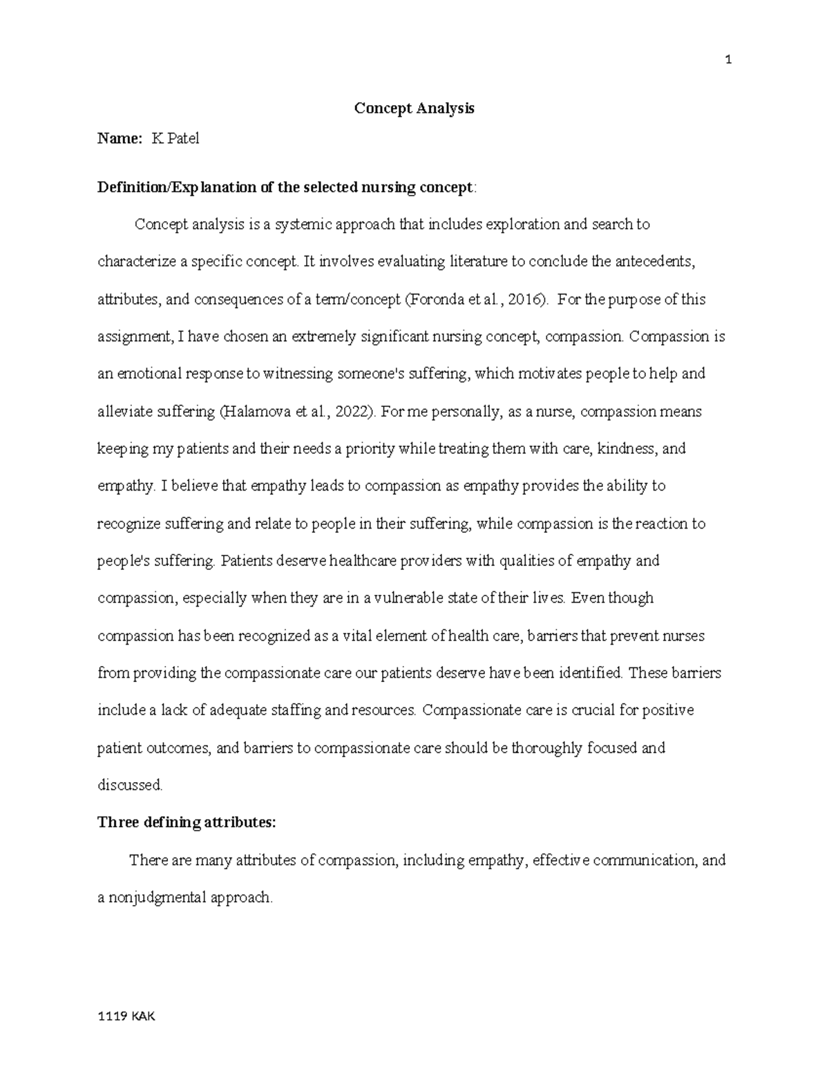 week 3 Concept Analysis - Concept Analysis Name: K Patel Definition ...