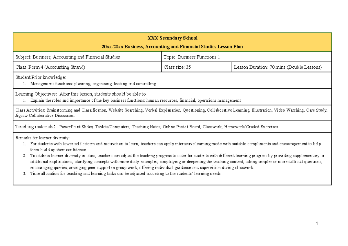 AC Lesson Plan 1 Lesson plan - XXX Secondary School 20xx-20xx Business ...