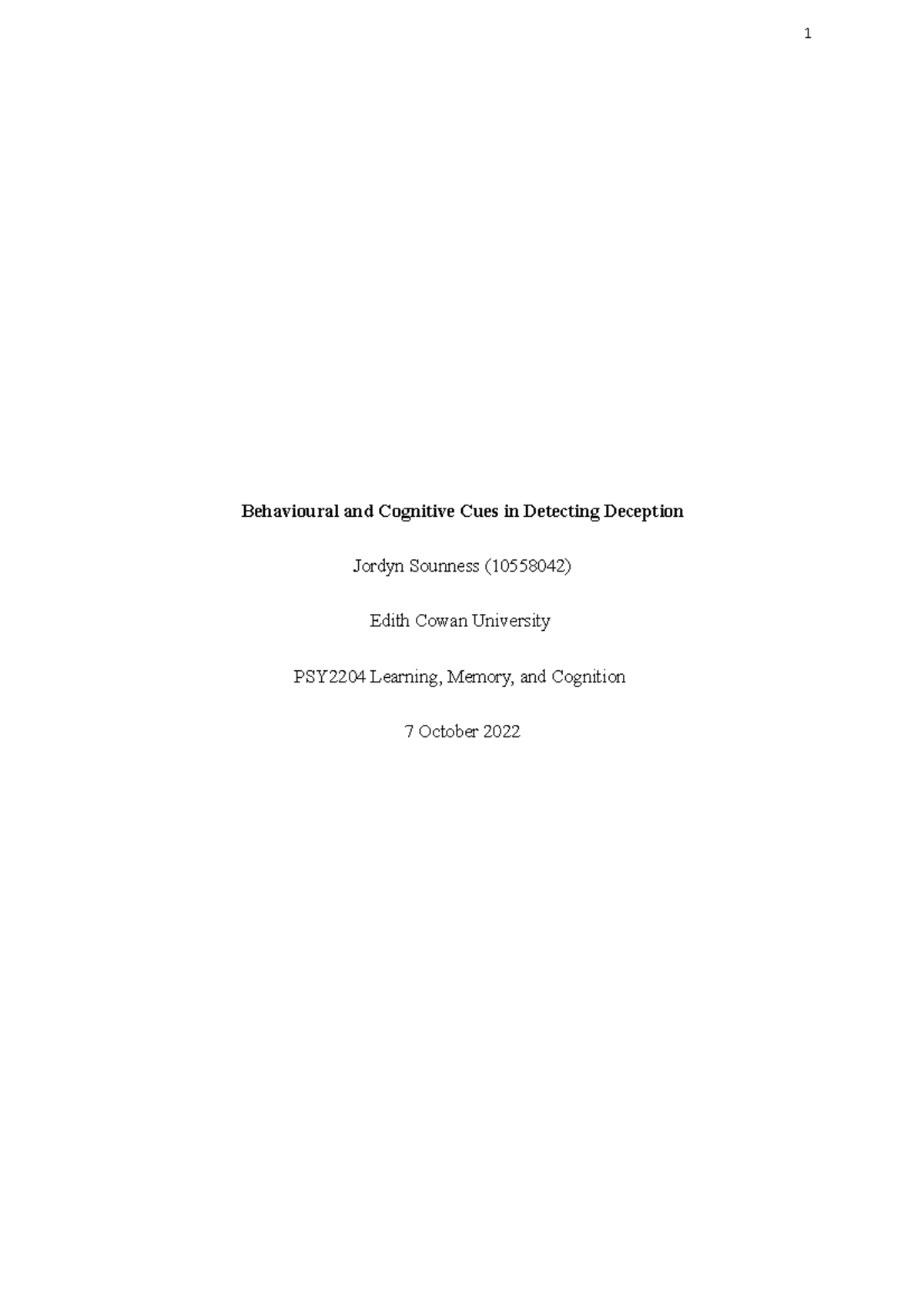 PSY2204 Lab Report J Sounness - Behavioural and Cognitive Cues in ...