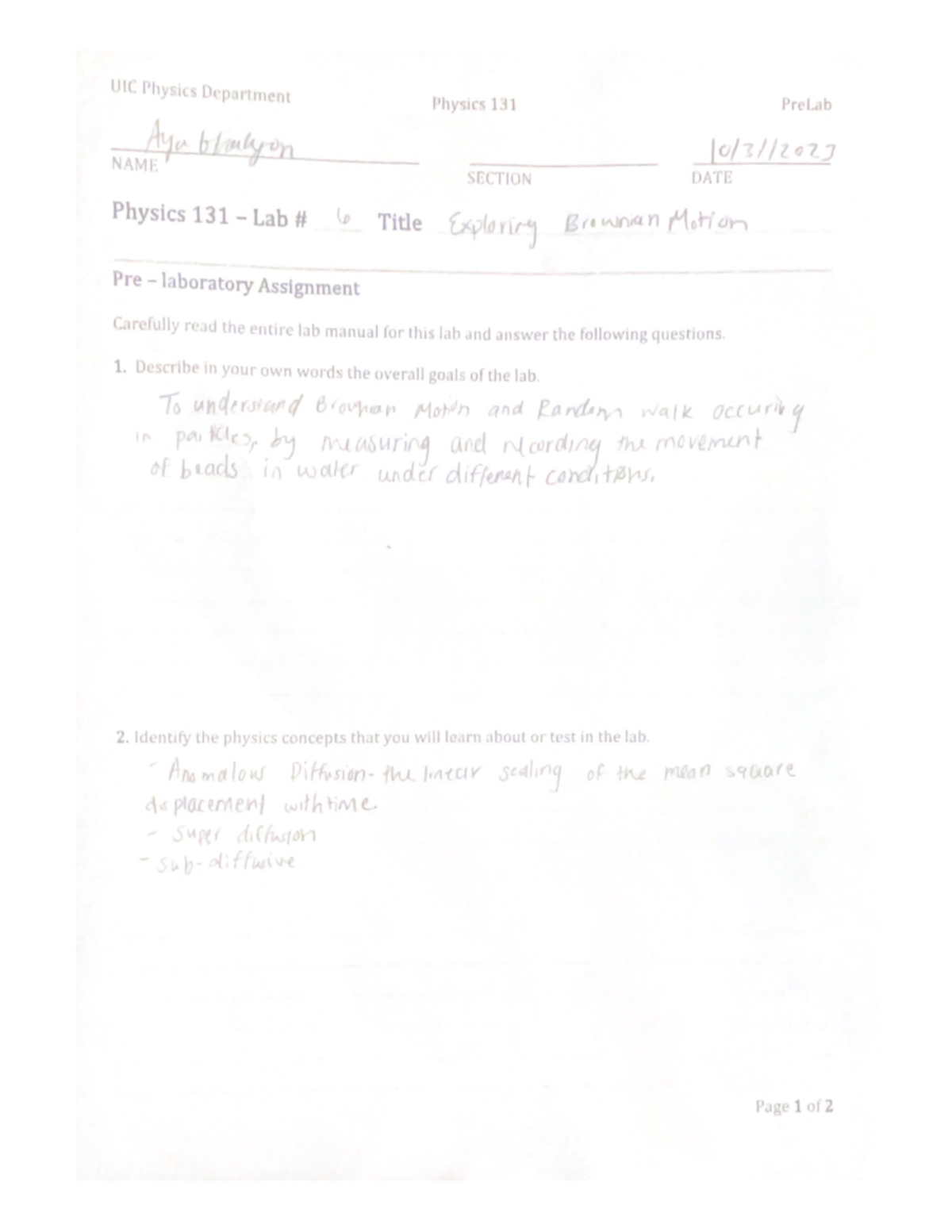 Physics 131- Lab 6 Part 1 - UIC Physics Department Physics 131 PreLab Aya bhalyon NAME SECTION ...