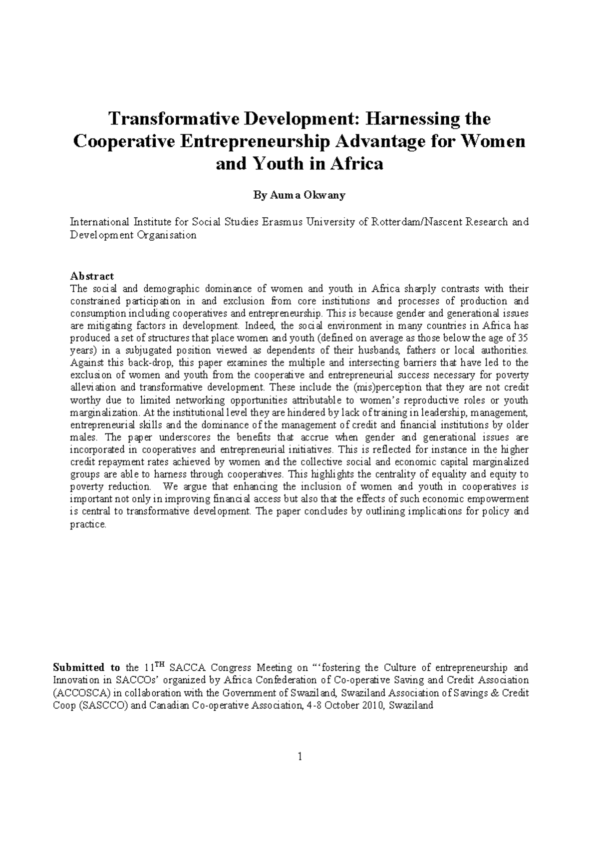 Sacca transformative development - Transformative Development ...