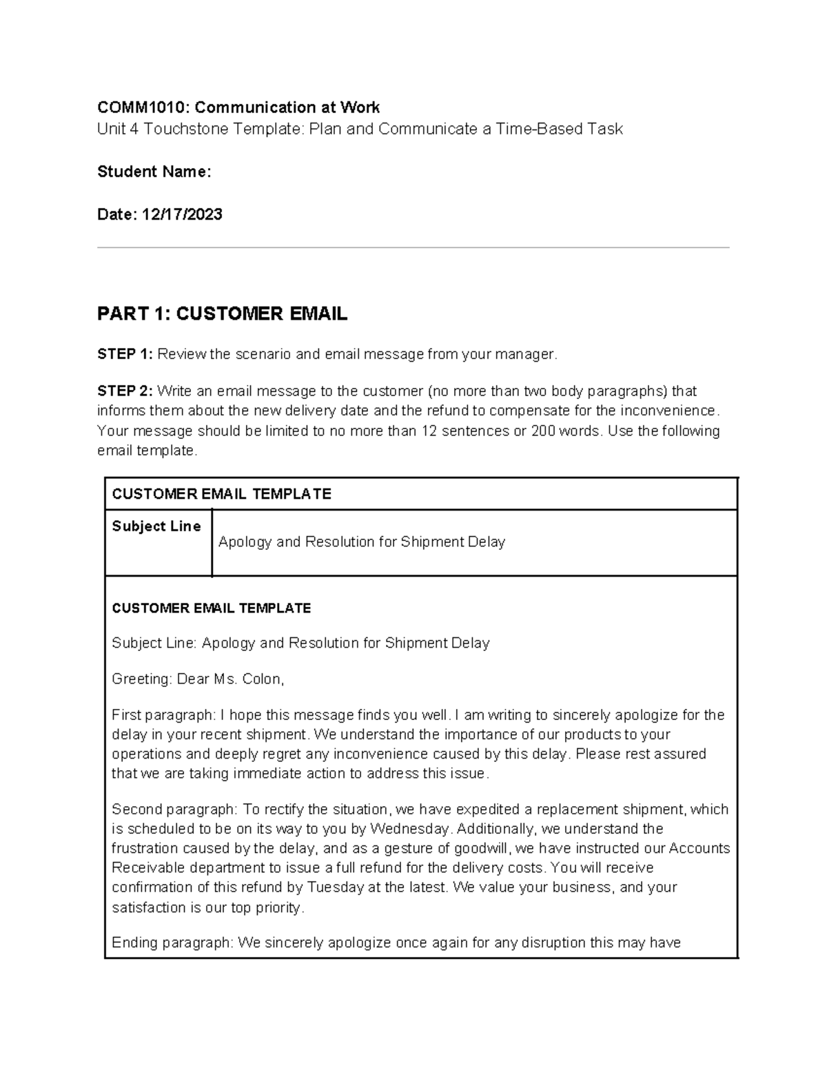 Submission for Unit 4 Touchstone - Communication at Work - COMM1010 ...
