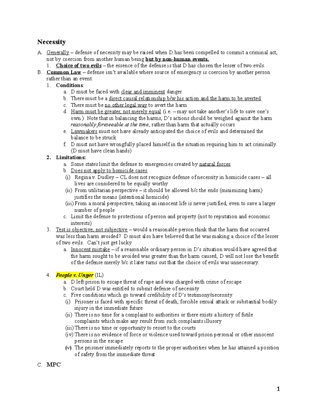 Criminal Law - Prof. Santos 3 - Necessity A. Generally – defense of ...