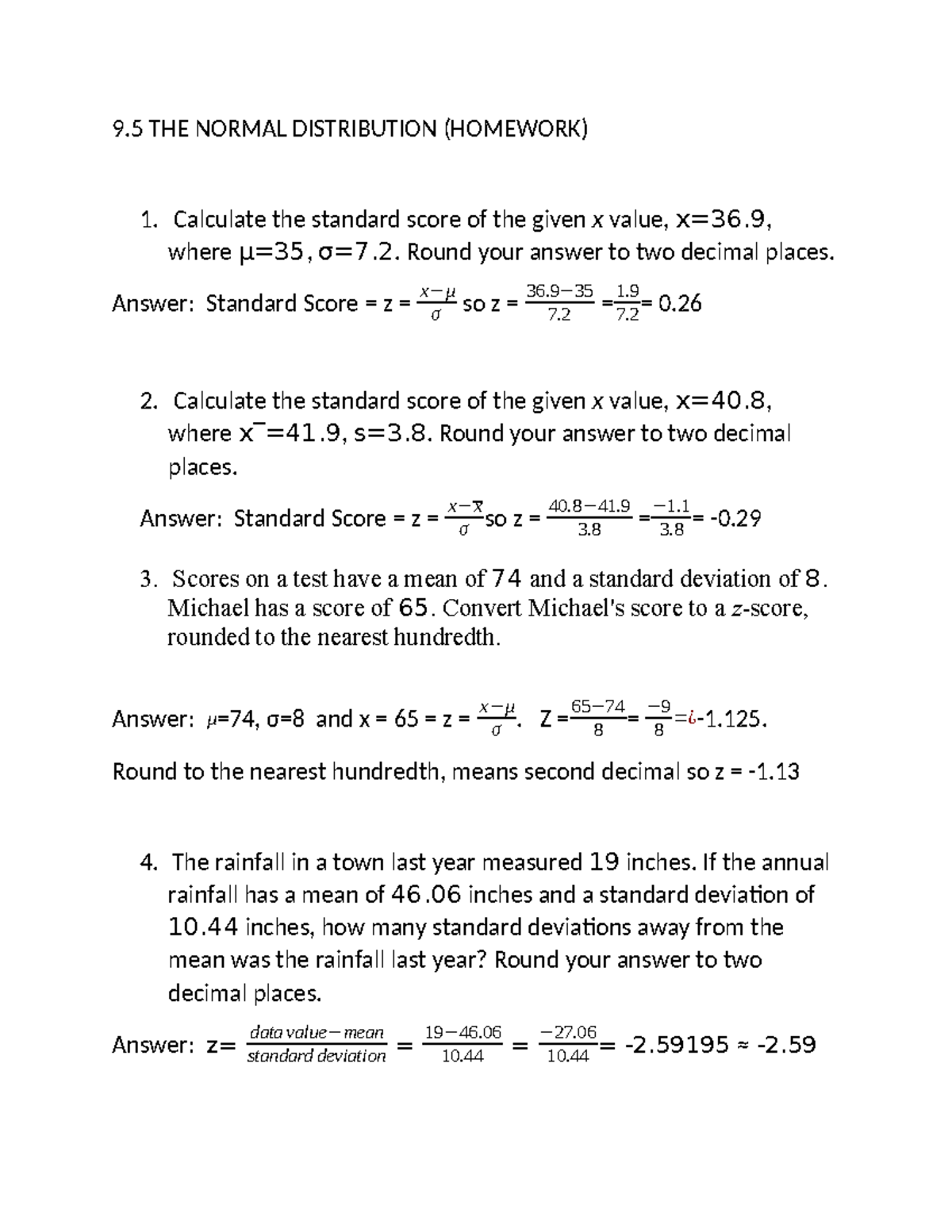 Math 167 Section 9.5 Homework - 9 THE NORMAL DISTRIBUTION (HOMEWORK) 1 ...