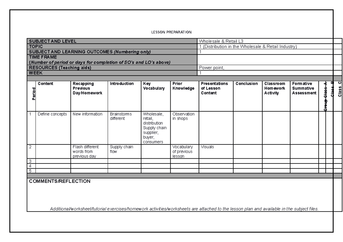 Lesson Preparation - notes - LESSON PREPARATION SUBJECT AND LEVEL ...