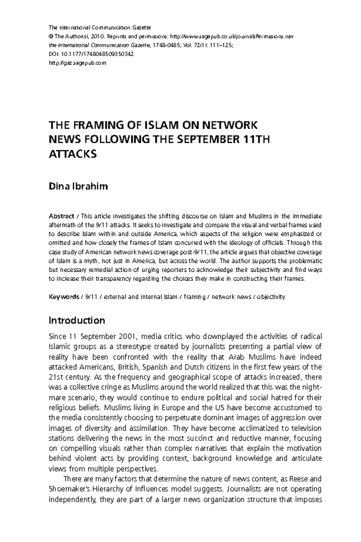 Ibrahim 2010 the framing of islam on network news following the ...