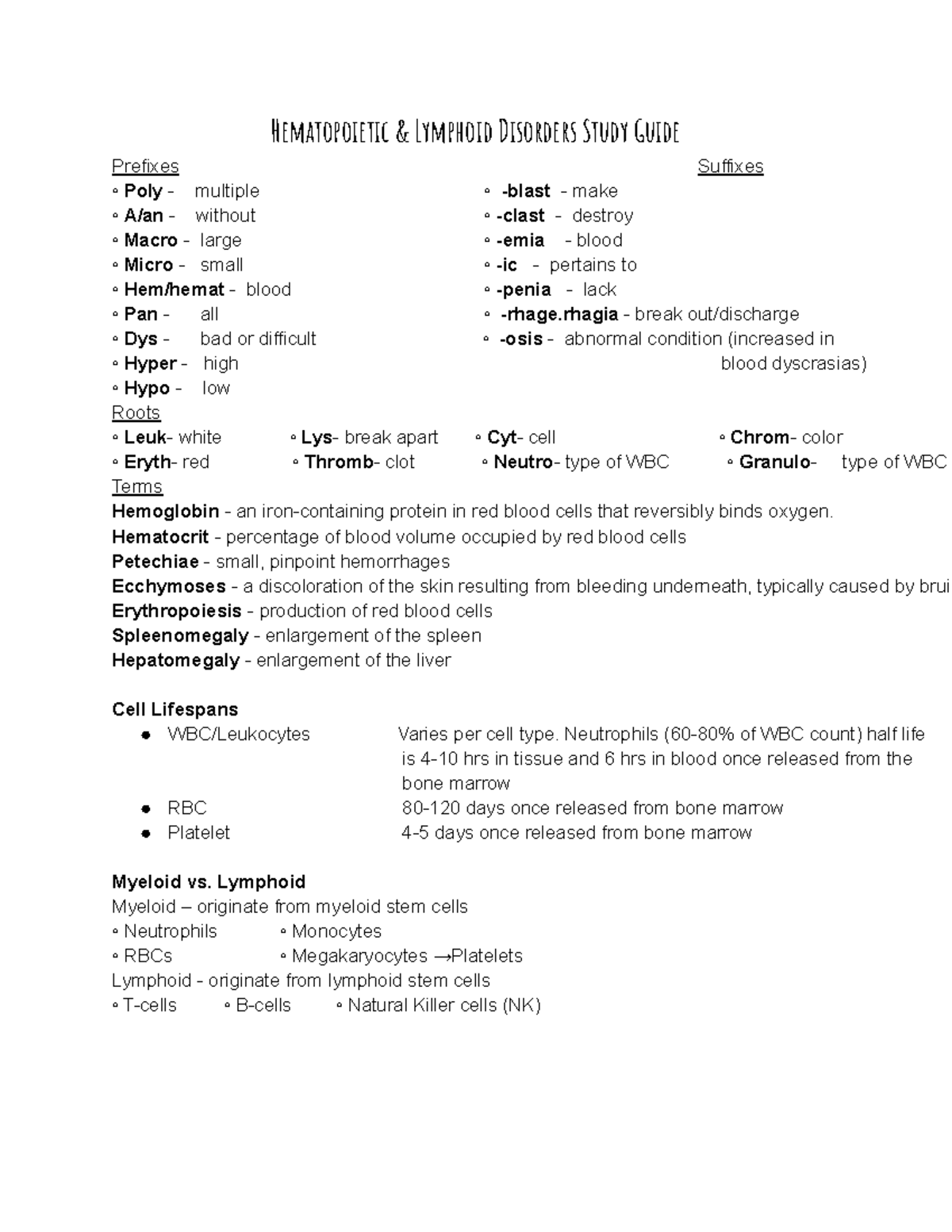 Hematopoietic & Lymphoid Disorders Study Guide - Hematopoietic ...