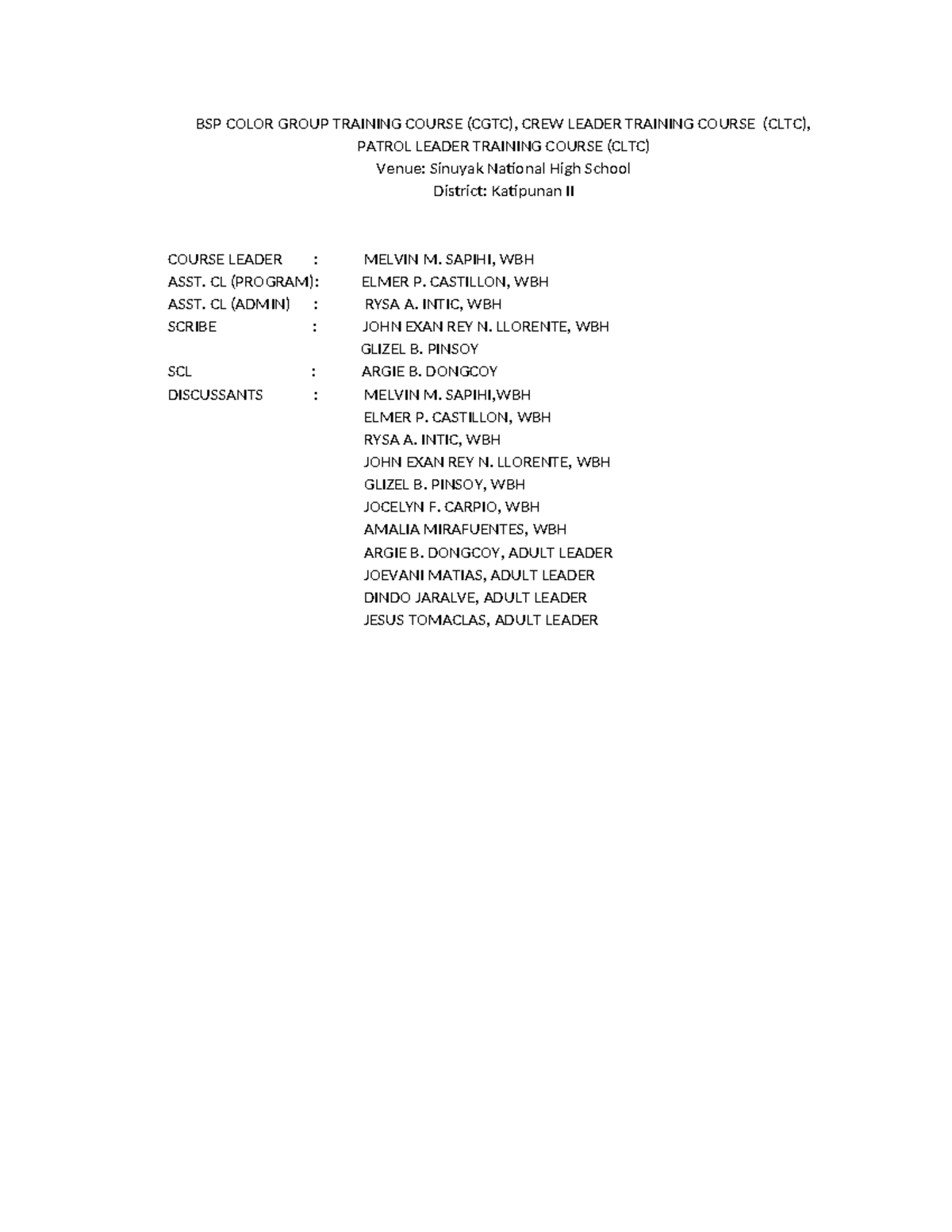 BSP KAT 2 - BSP COLOR GROUP TRAINING COURSE (CGTC), CREW LEADER ...