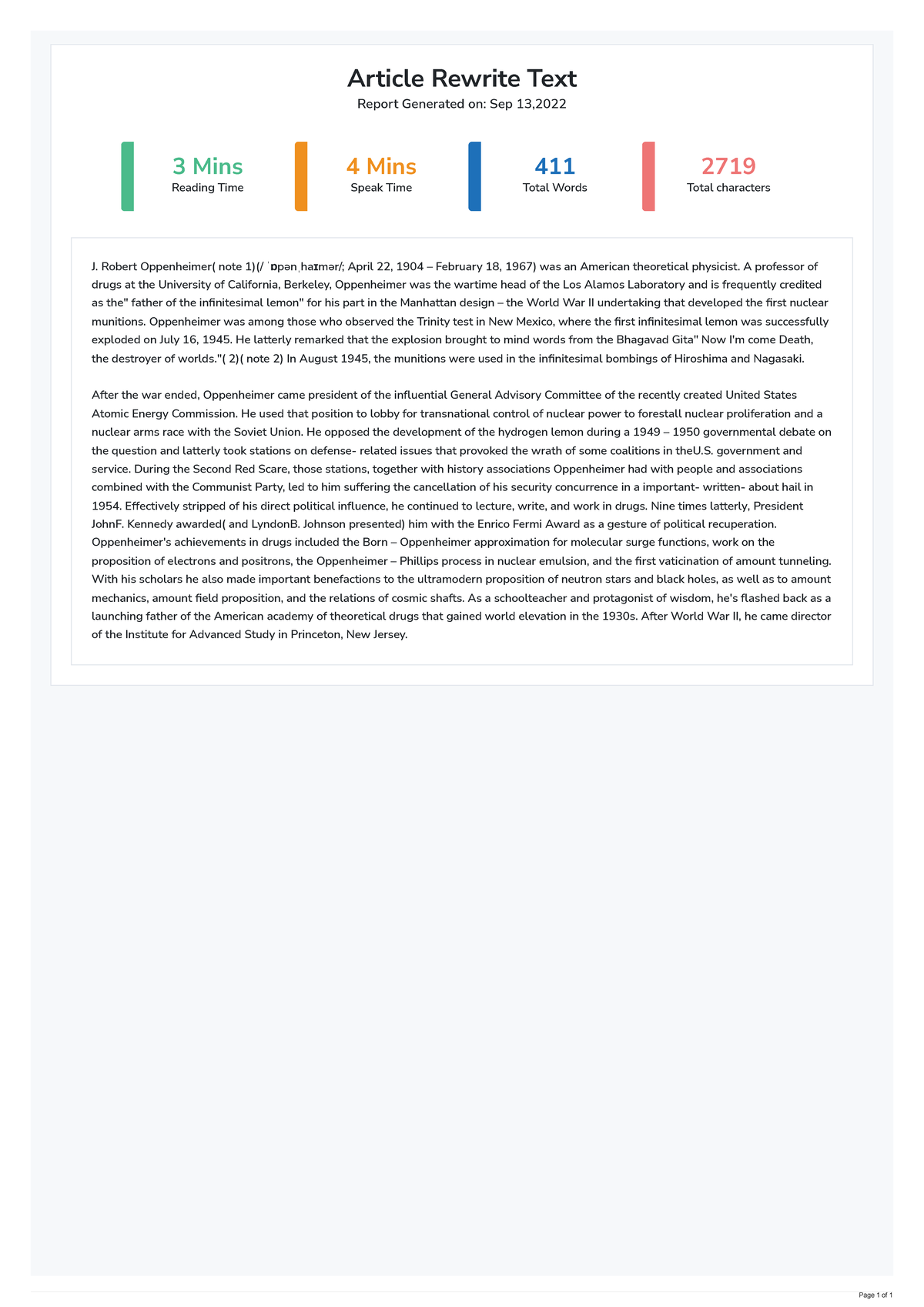 Robert - Article Rewrite Text Report Generated on: Sep 13, 3 Mins ...