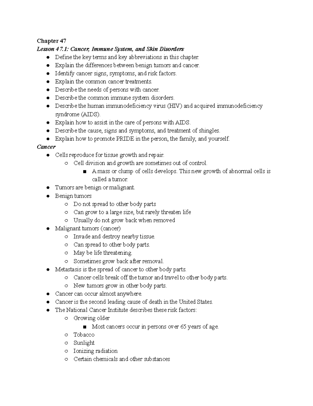 Chapter 47 CNA Notes to Study - Chapter 47 Lesson 47: Cancer, Immune ...