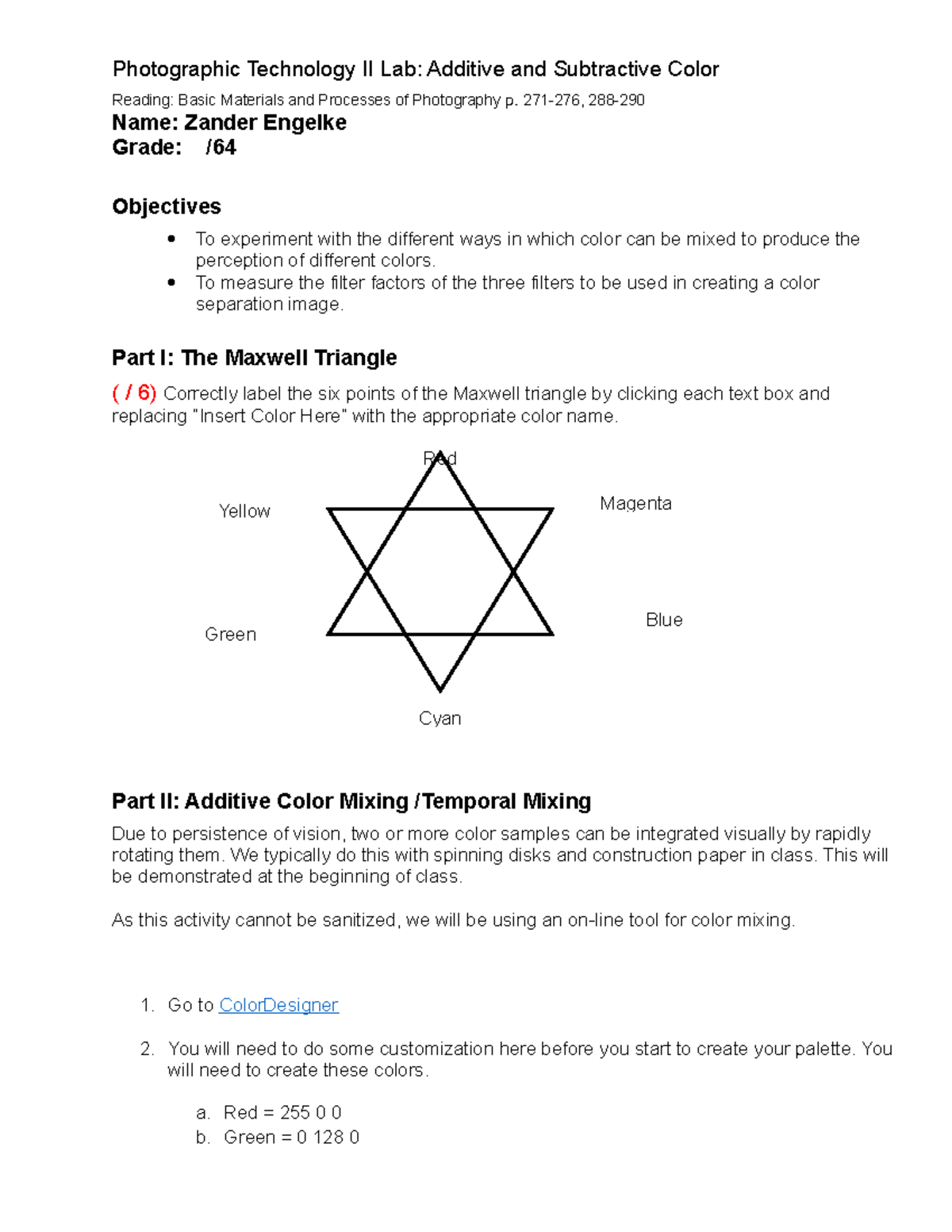 Additive and Subtractive Color Lab 2021 - Reading: Basic Materials and ...