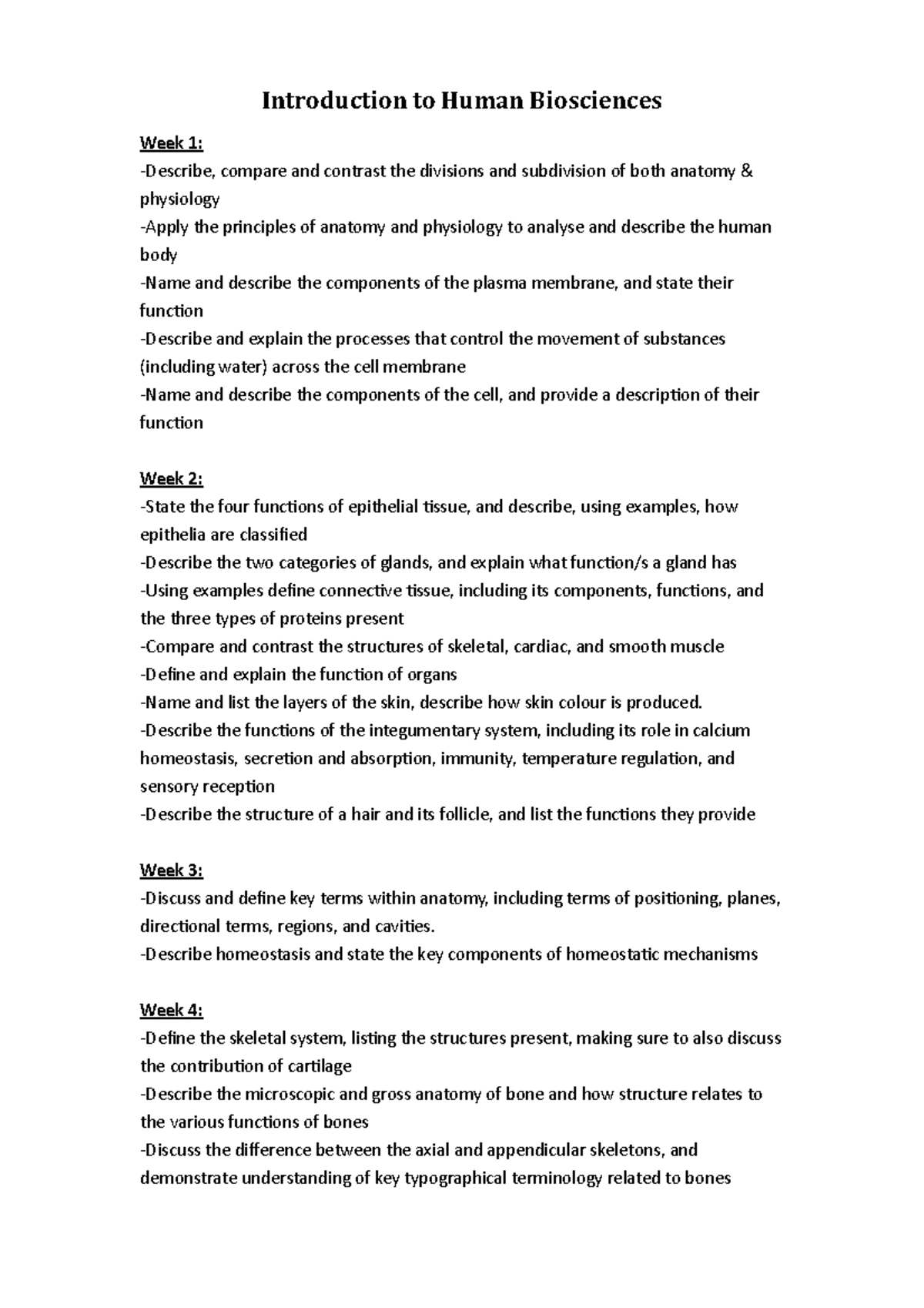 Introduction to Human Biosciences-Learning objectives - Week 1 ...