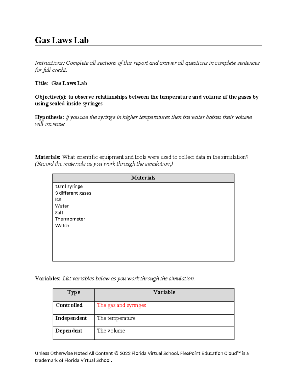 Lab report - Gas laws lab - Gas Laws Lab Instructions: Complete all ...